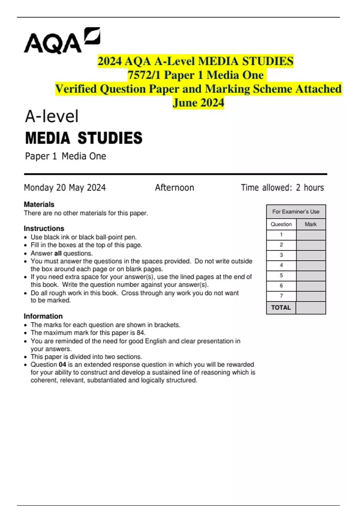 2024 AQA A-Level MEDIA STUDIES 7572 Exam bundle, paper 1 & 2 - Stuvia UK