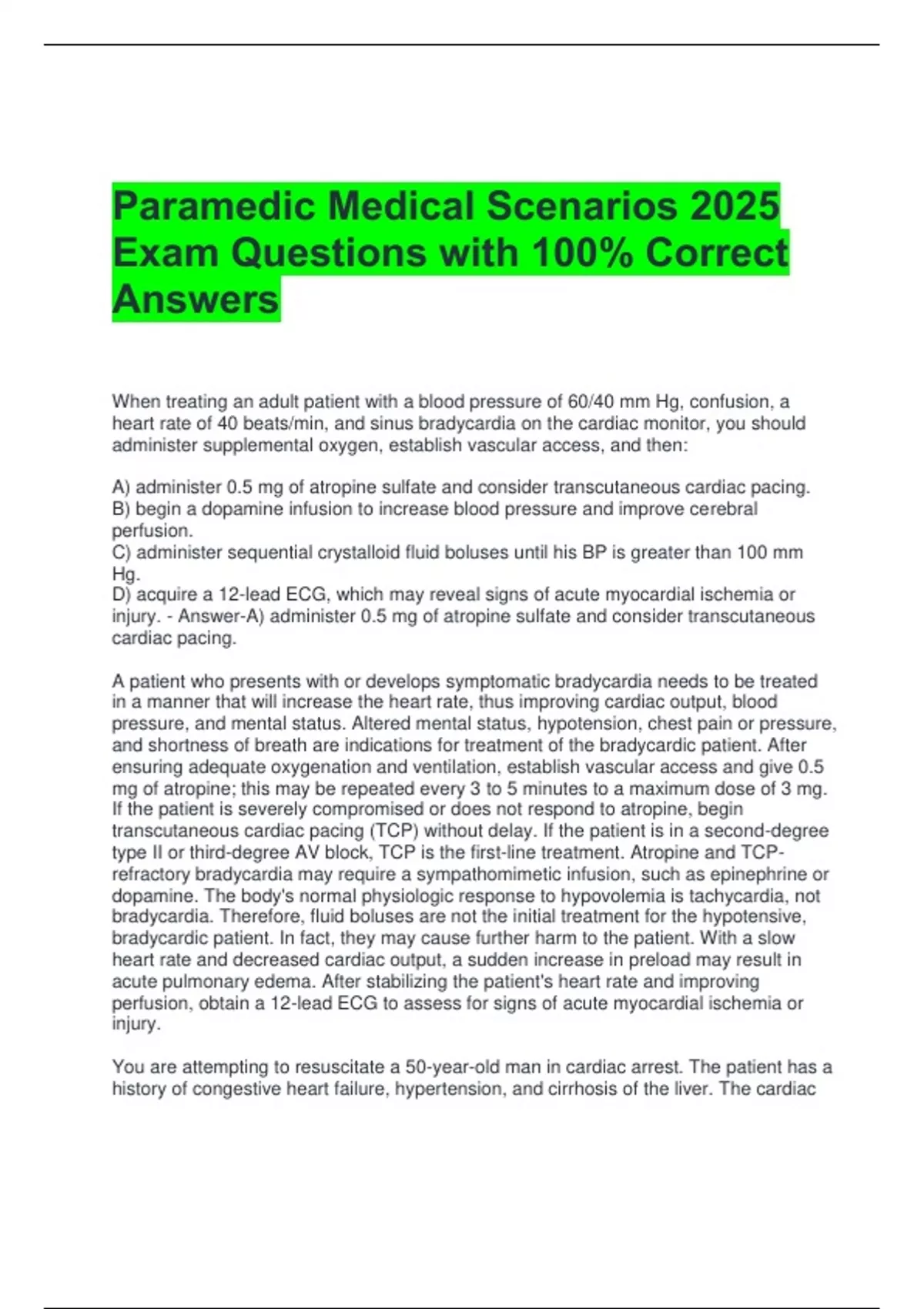 Paramedic Medical Scenarios 2025 Exam Questions with 100% Correct Answers - Paramedic Medical ...