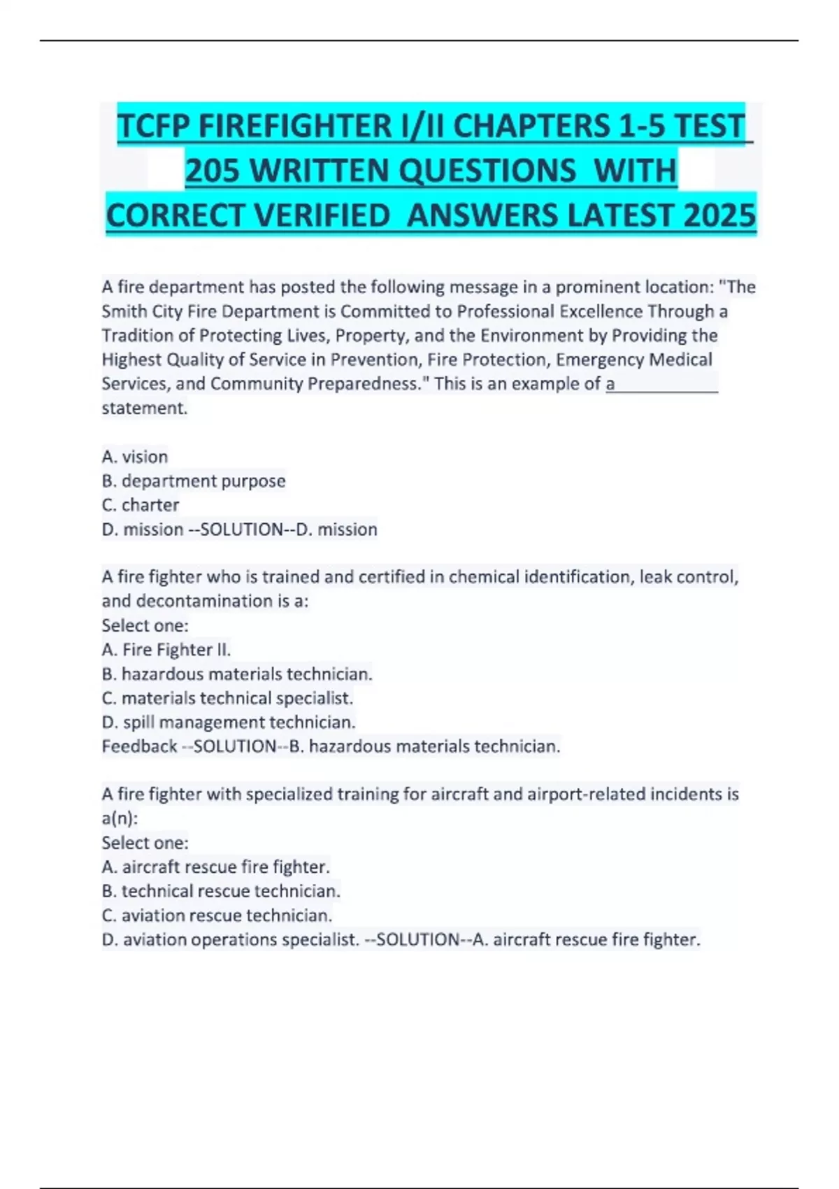 TCFP FIREFIGHTER I/II CHAPTERS 1-5 TEST 205 WRITTEN QUESTIONS WITH ...