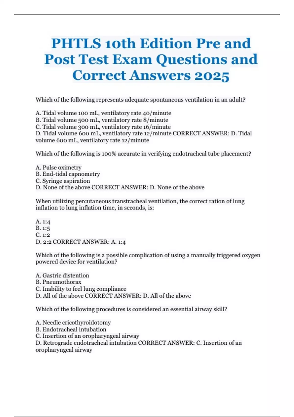 PHTLS 10th Edition Pre and Post Test Exam Questions and Correct Answers ...