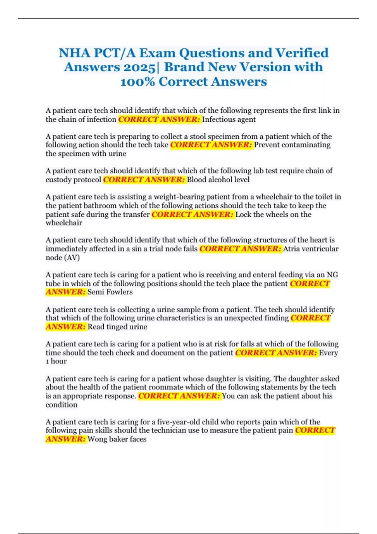 NHA PCT/A Exam Questions and Verified Answers 2025| Brand New Version ...