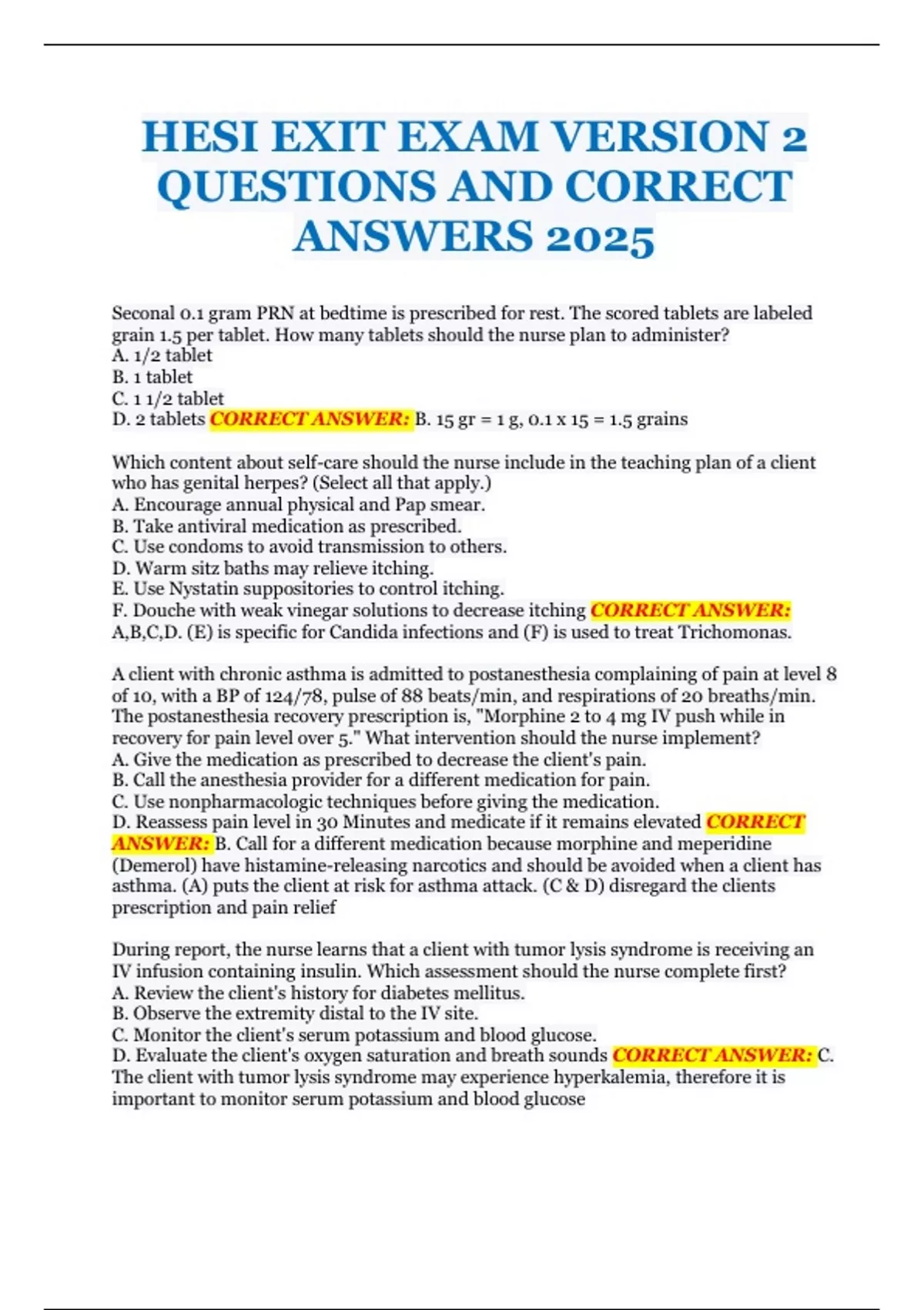 HESI EXIT EXAM VERSION 2 QUESTIONS AND CORRECT ANSWERS 2025 - Hesi ...