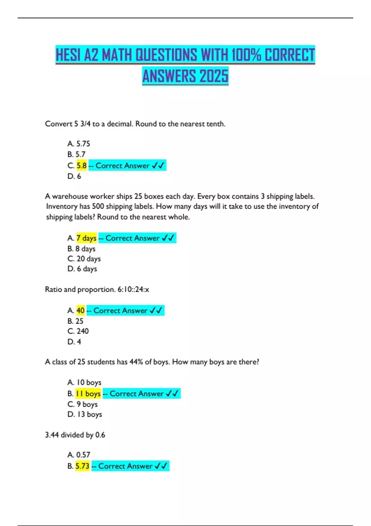 HESI A2 MATH QUESTIONS WITH 100% CORRECT ANSWERS 2025. - Hesi - Stuvia US