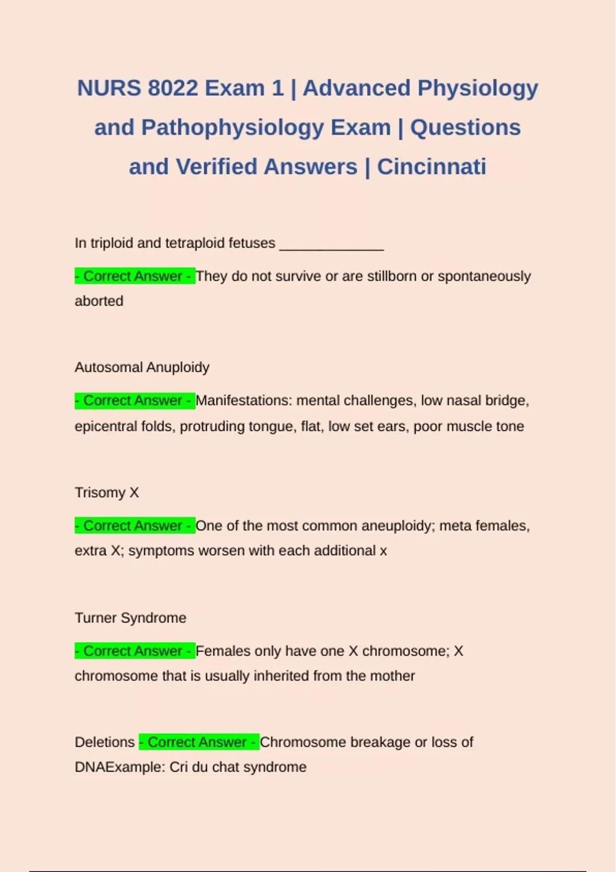 Bundle for NURS 8022 Exam 1 | Exam 2 | Exam 3 & Final Exam | Advanced Physiology and ...