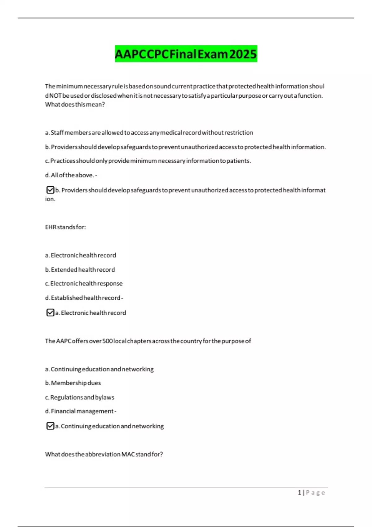 AAPC CPC Final Exam 2025 - AAPC CPC - Stuvia US
