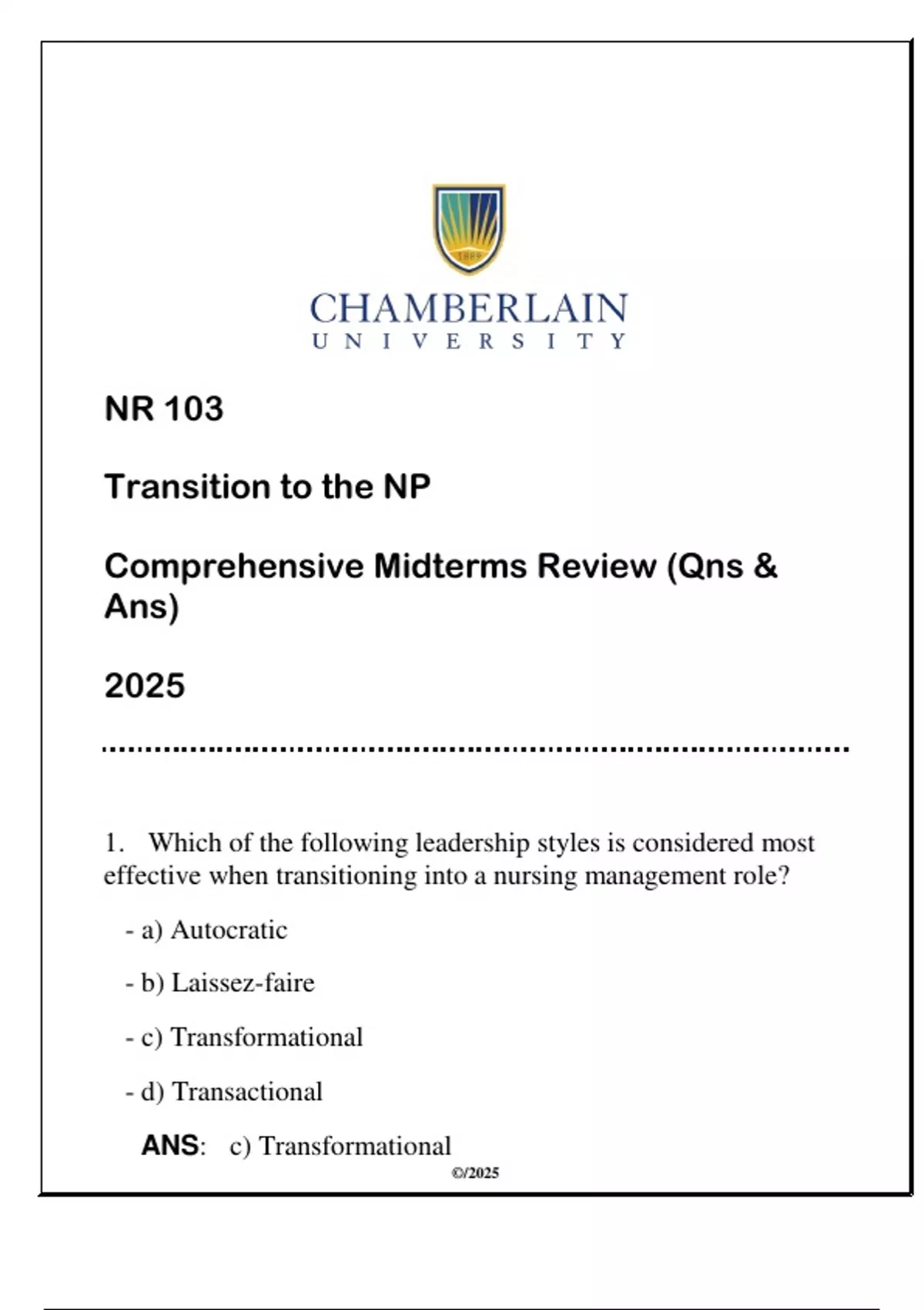 NR 103 (TRANSITION TO THE NP) COMPREHENSIVE MIDTERMS REVIEW 2025 ...