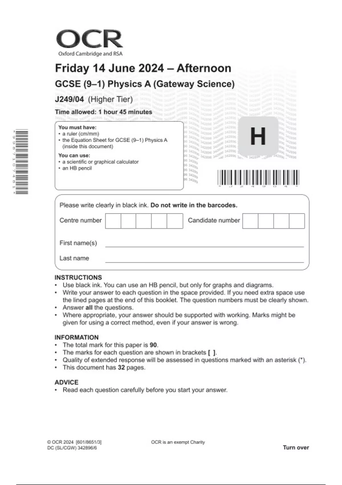 OCR GCSE Physics A (Gateway Science) J249/04 (Higher Tier) JUNE 2024 ...