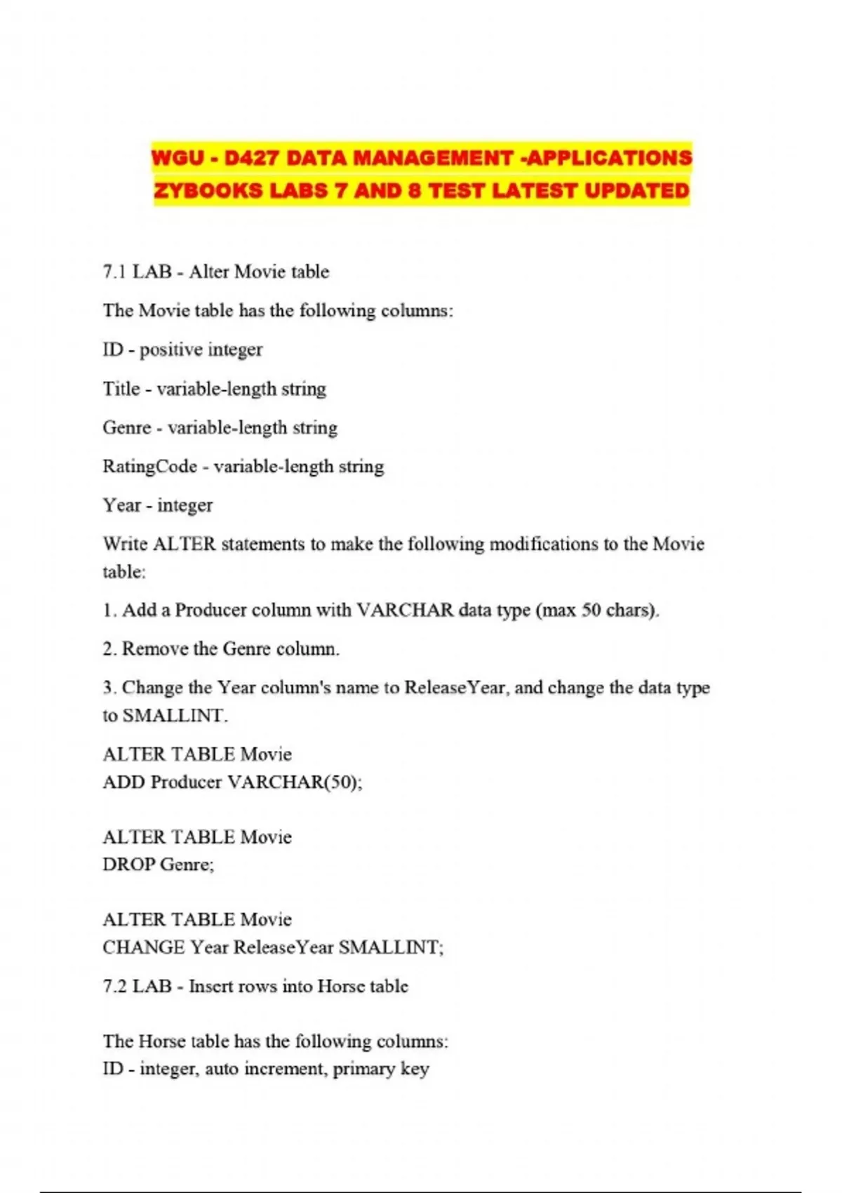 WGU - D427 DATA MANAGEMENT -APPLICATIONS ZYBOOKS LABS 7 AND 8 TEST ...