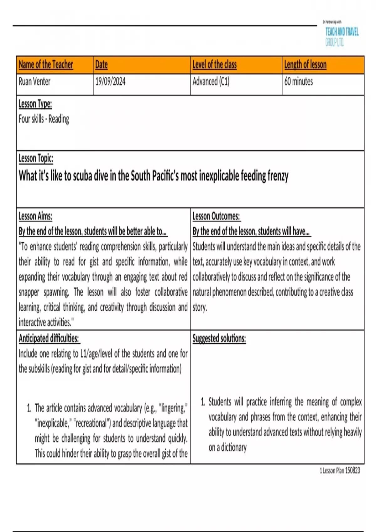 Assignment 3: Interactive Reading Lesson: Exploring Scuba Diving and ...