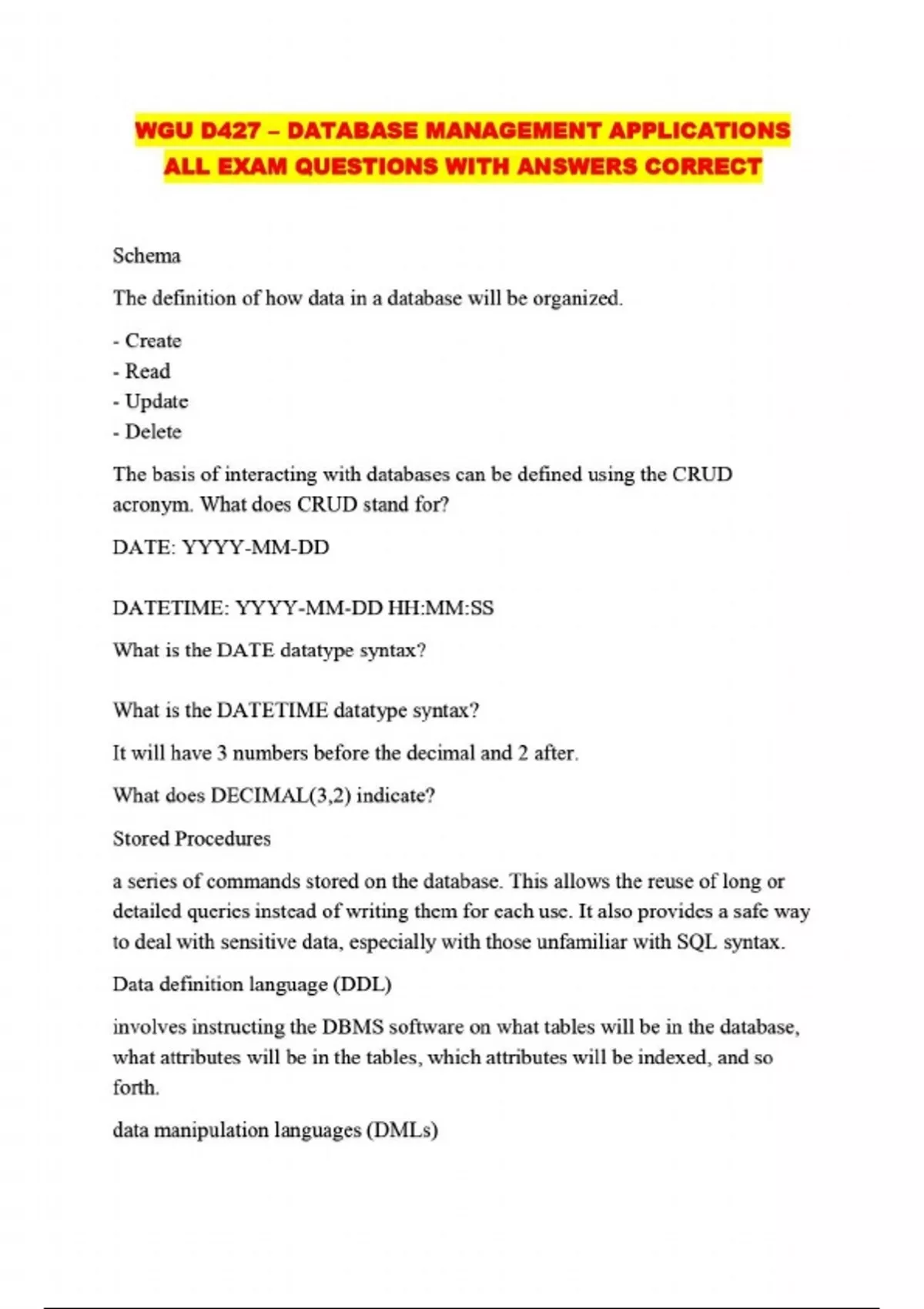 WGU D427 – DATABASE MANAGEMENT APPLICATIONS ALL EXAM QUESTIONS WITH ANSWERS CORRECT - WGU D427 ...