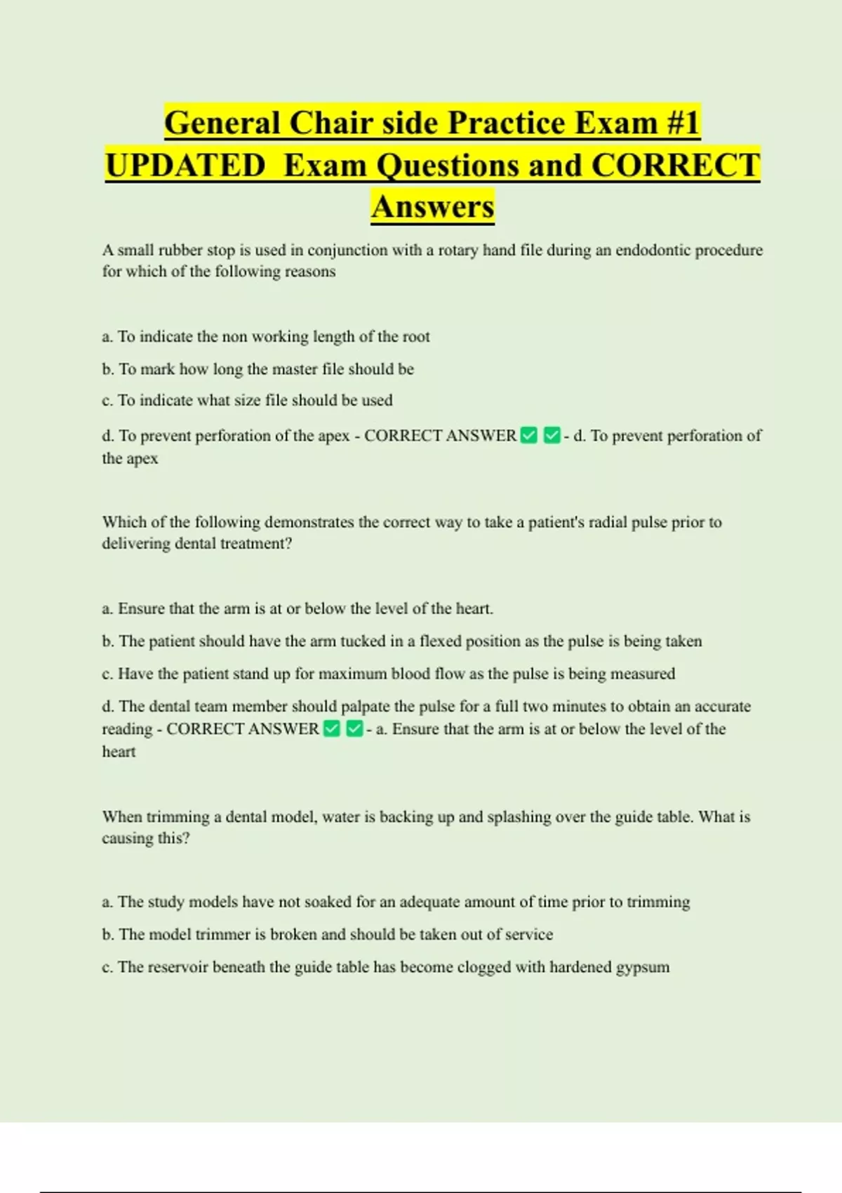 General Chair side Practice Exam #1 UPDATED Exam Questions and CORRECT ...