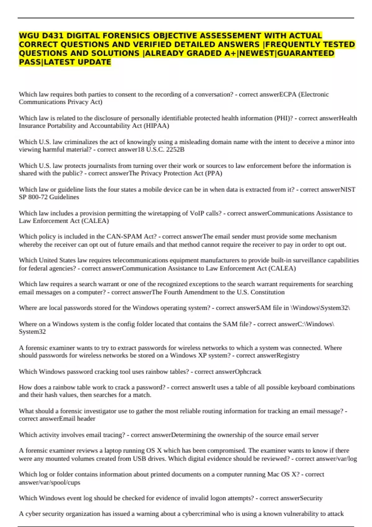 WGU D431 DIGITAL FORENSICS OBJECTIVE ASSESSEMENT WITH ACTUAL CORRECT ...