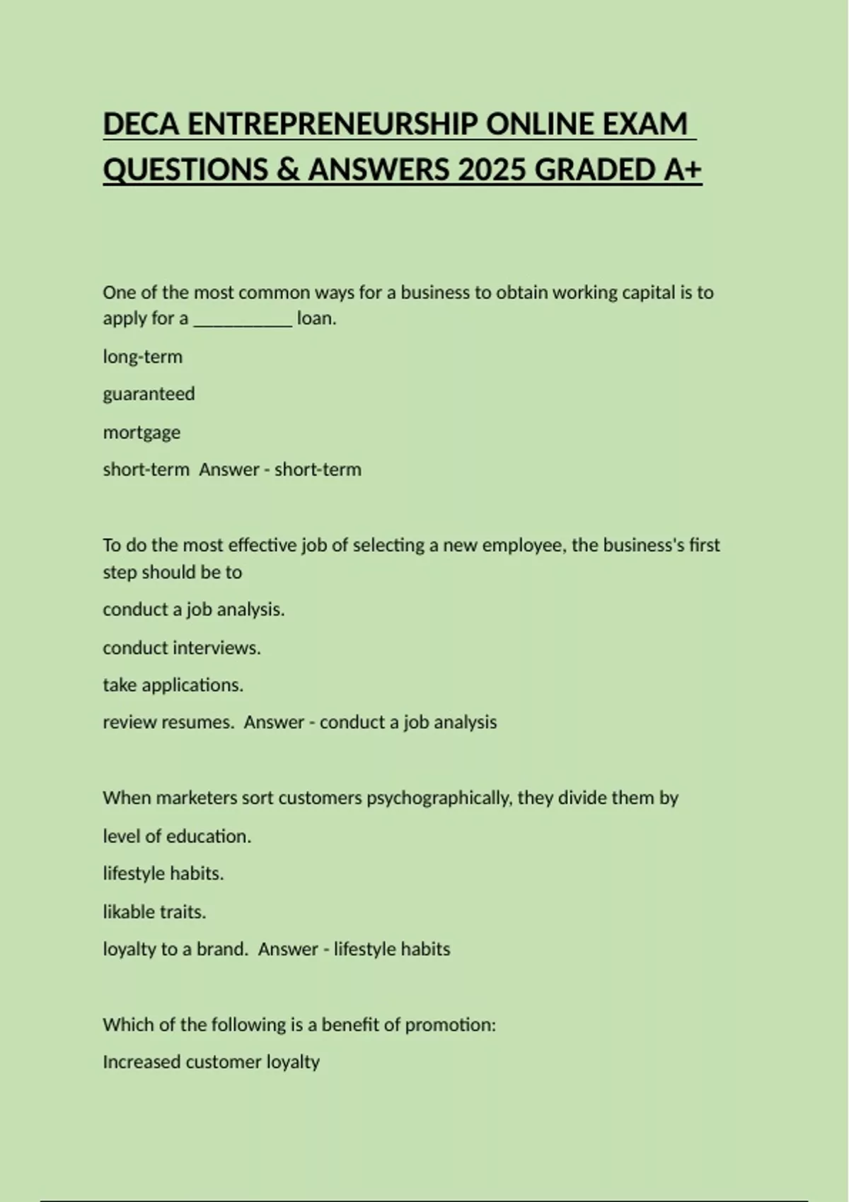 DECA ENTREPRENEURSHIP ONLINE EXAM QUESTIONS & ANSWERS 2025 GRADED A+ ...