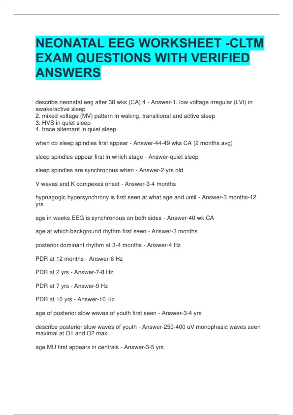 NEONATAL EEG WORKSHEET -CLTM EXAM QUESTIONS WITH VERIFIED ANSWERS ...