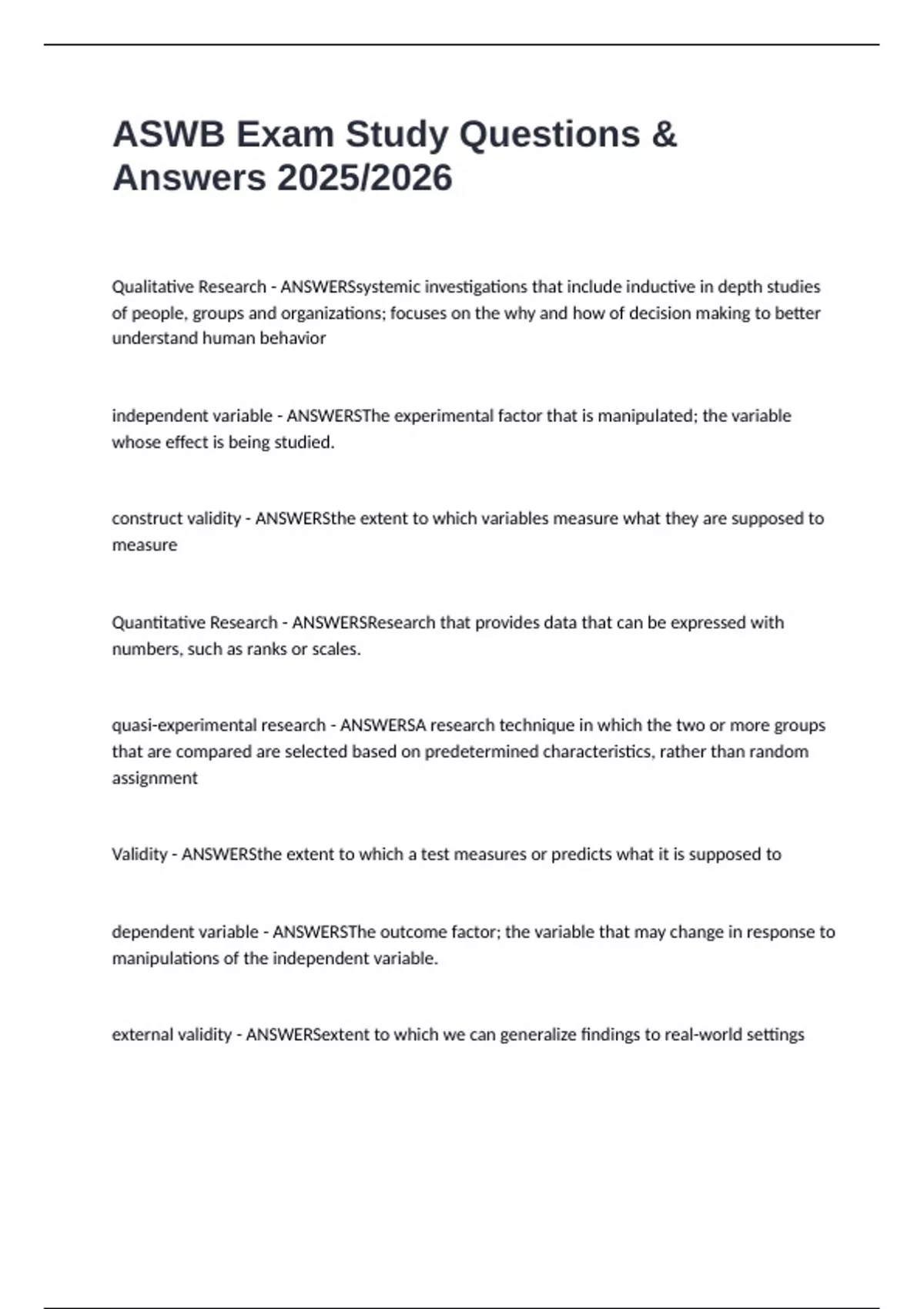 ASWB Exam Study Questions & Answers 2025/2026 - ASWB - Stuvia US