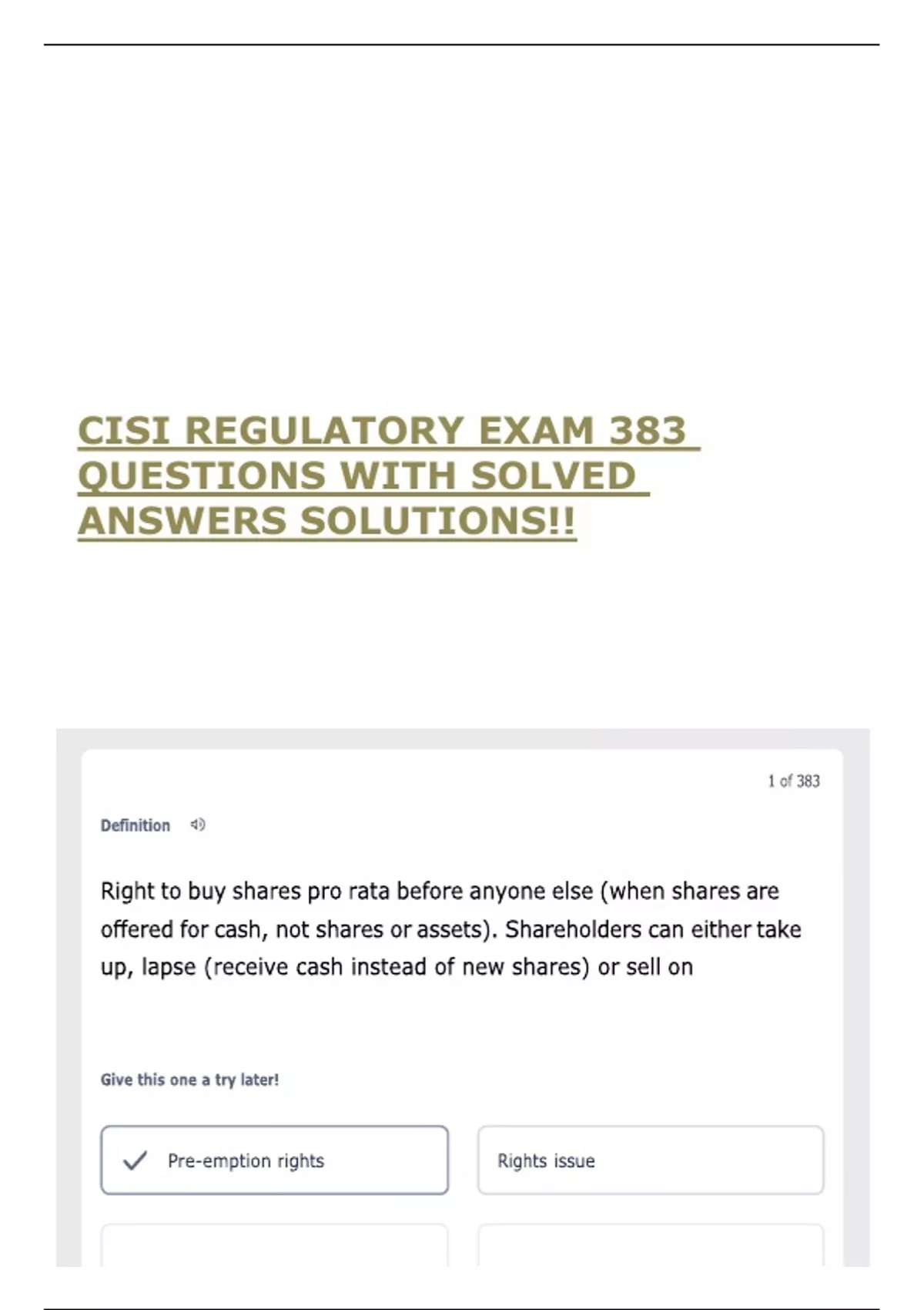 CISI REGULATORY EXAM 383 QUESTIONS WITH SOLVED ANSWERS SOLUTIONS ...