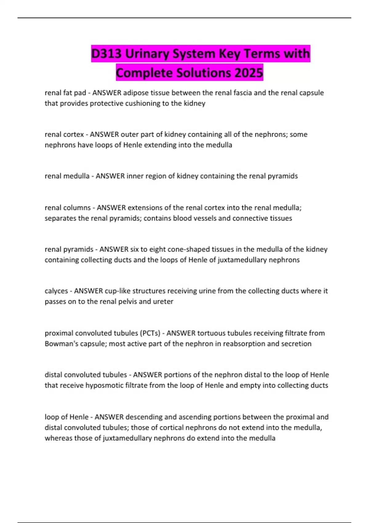 D313 Urinary System Key Terms with Complete Solutions 2025 - D313 - Stuvia US