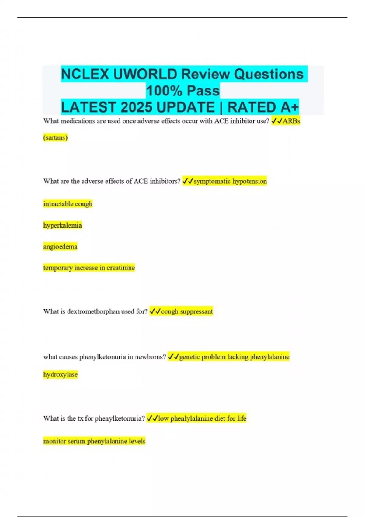 NCLEX UWORLD Review Questions 100% Pass LATEST 2025 UPDATE | RATED A+ ...