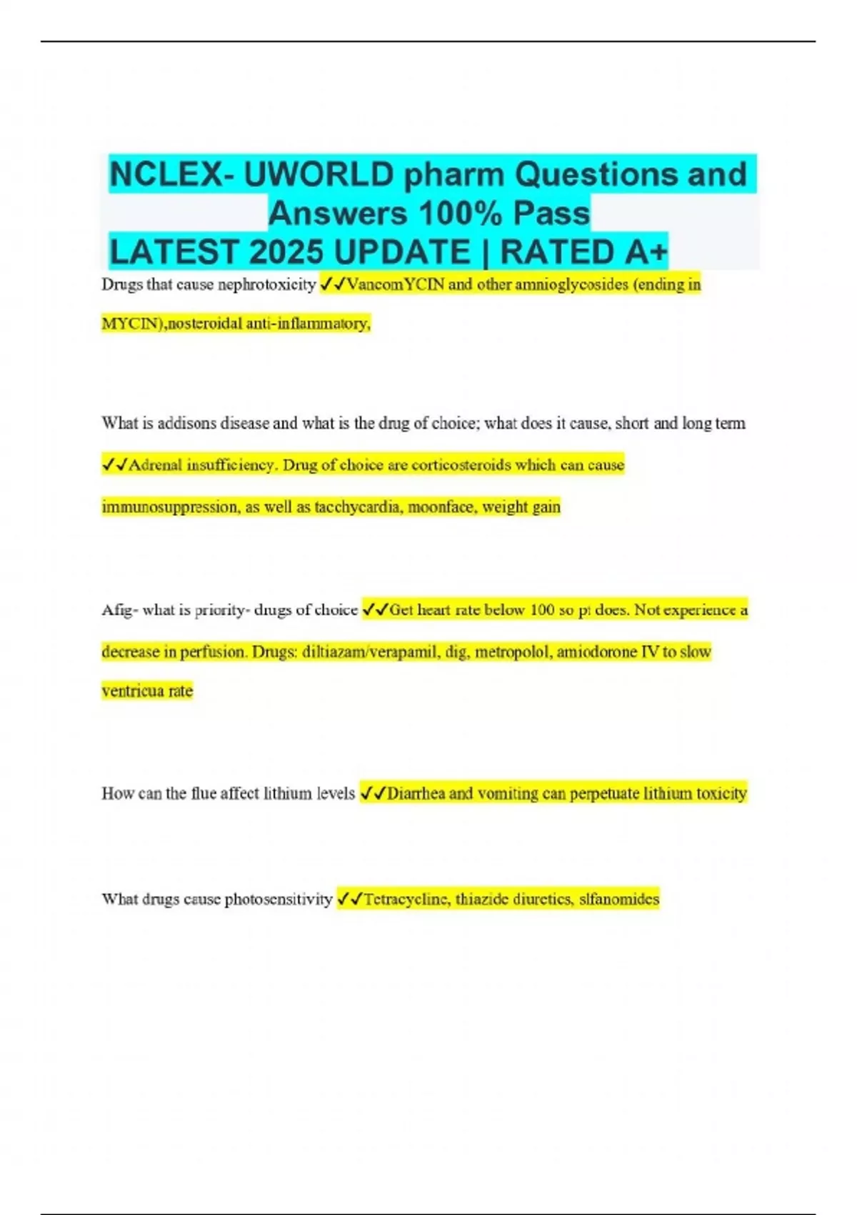 NCLEX- UWORLD pharm Questions and Answers 100% Pass LATEST 2025 UPDATE ...