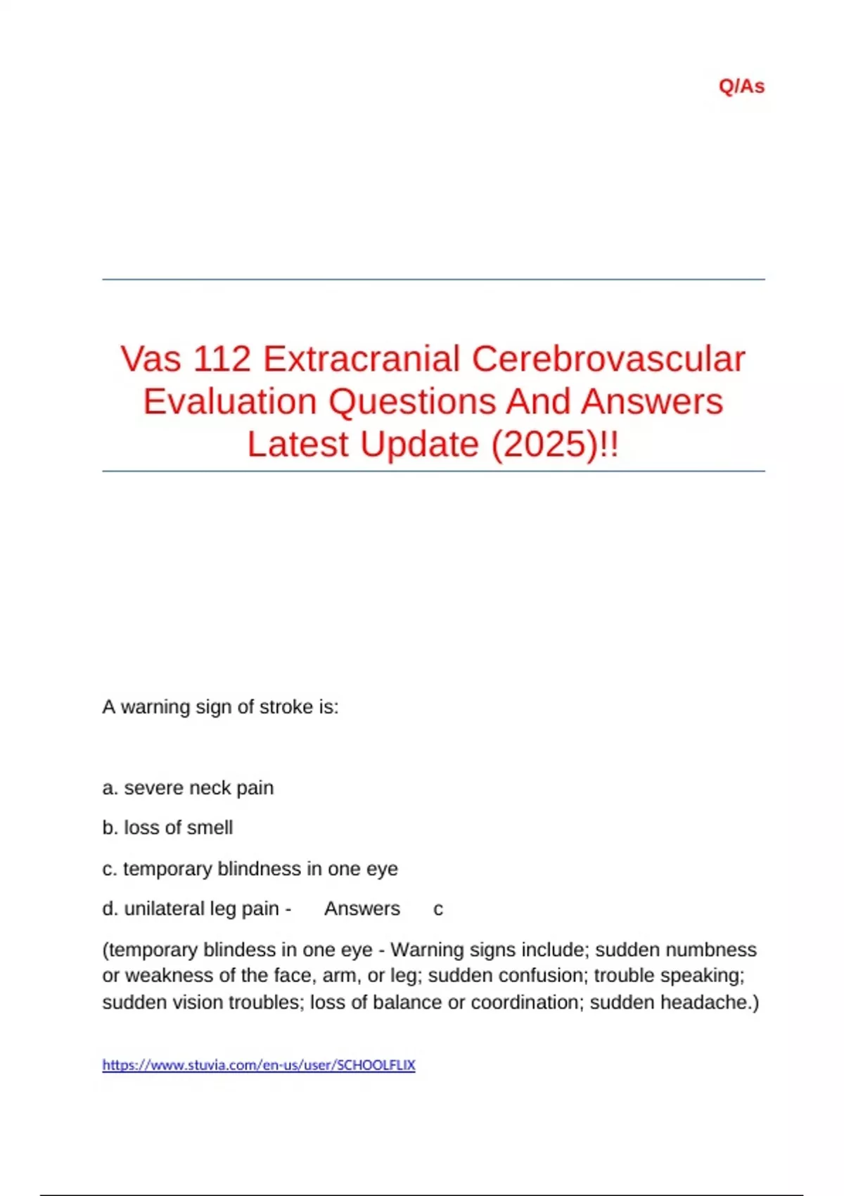 Vas 112 Extracranial Cerebrovascular Evaluation Questions And Answers ...