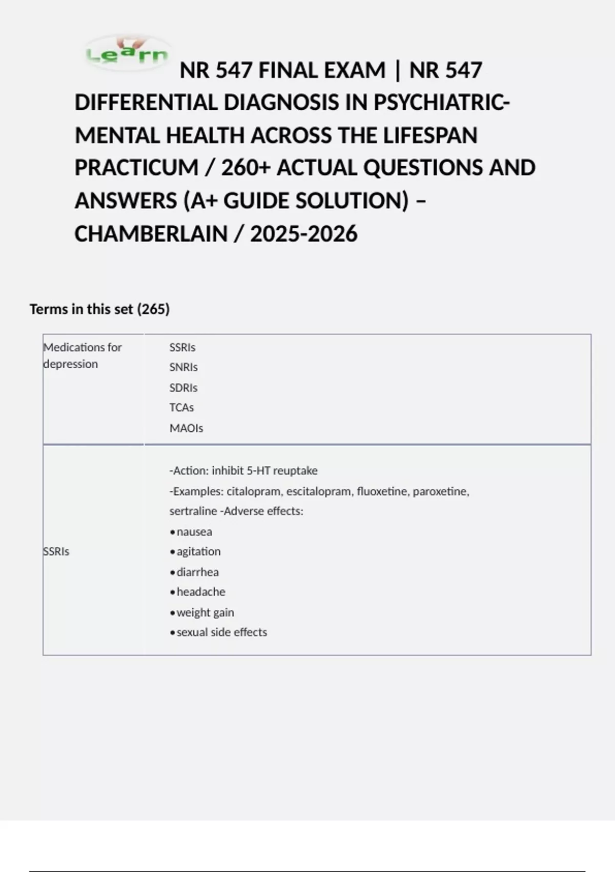 NR 547 FINAL EXAM | NR 547 DIFFERENTIAL DIAGNOSIS IN PSYCHIATRIC-MENTAL HEALTH ACROSS THE ...