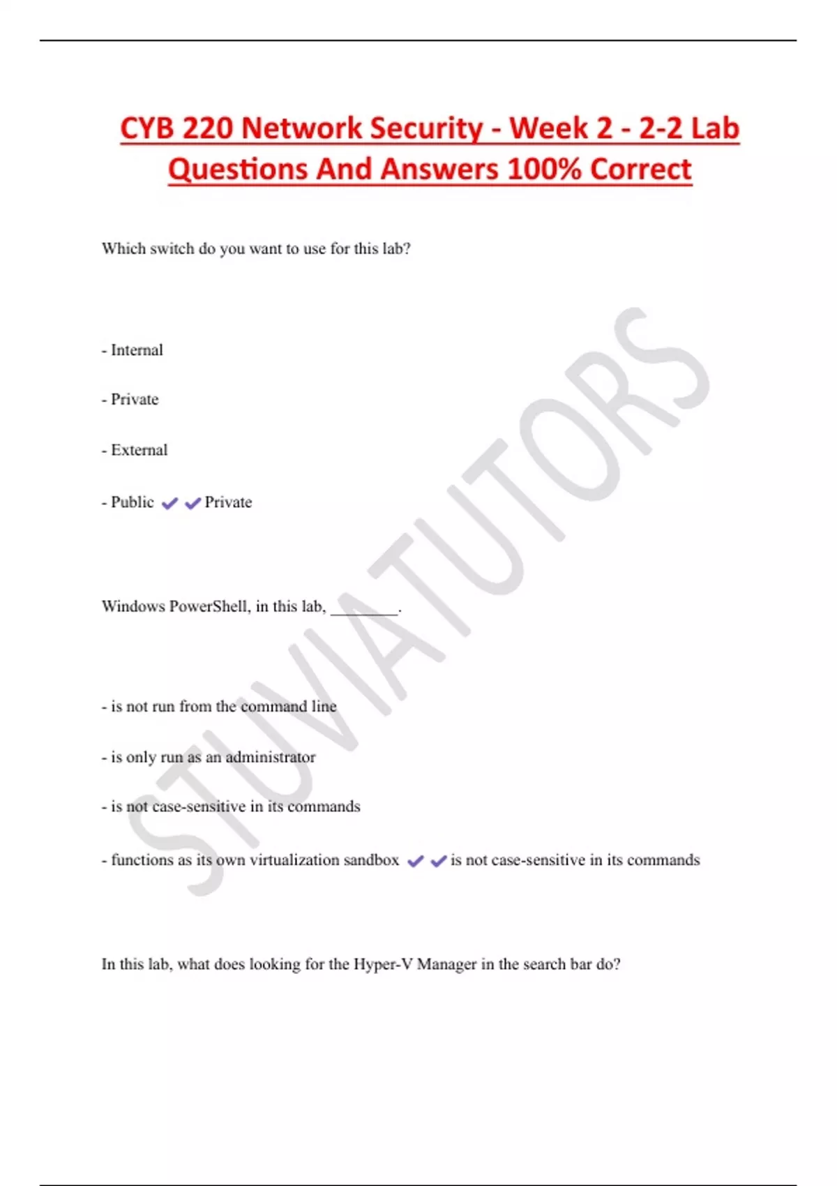 CYB 220 Network Security - Week 2 - 2-2 Lab Questions And Answers 100% Correct - CYB 220 ...