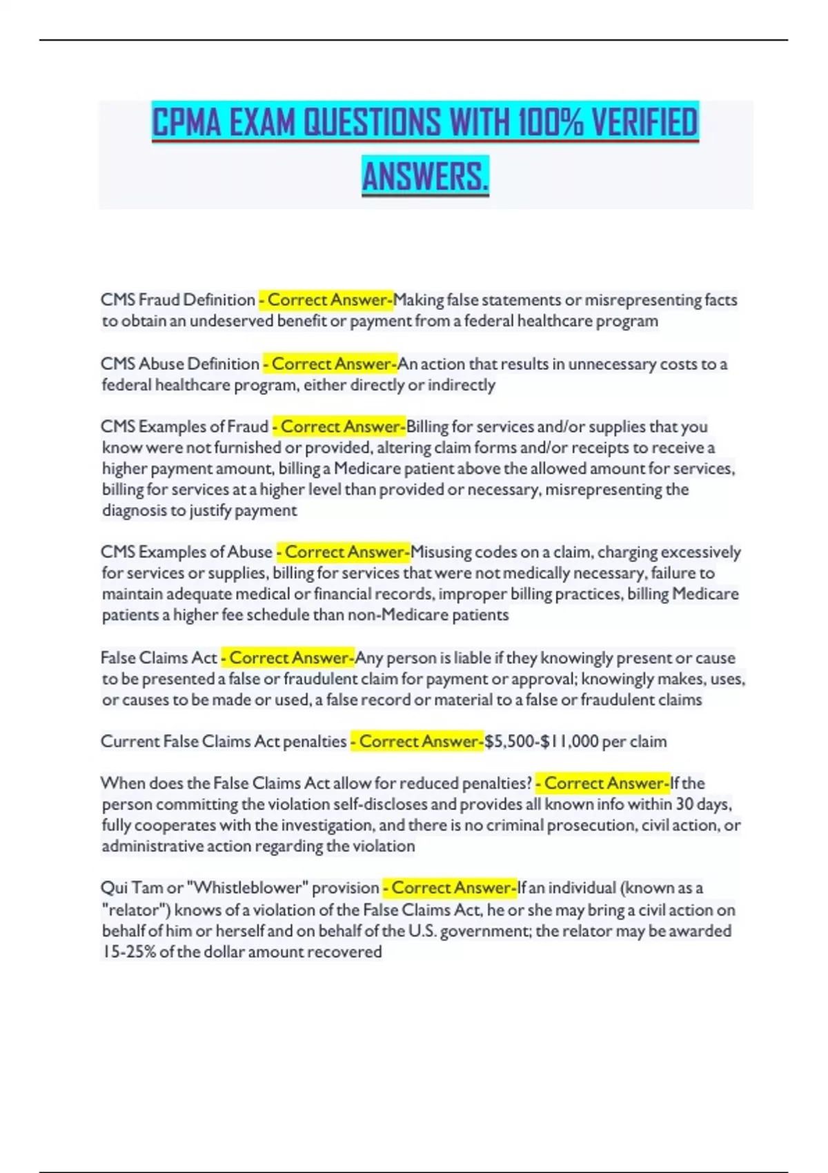 CPMA EXAM QUESTIONS WITH 100% VERIFIED ANSWERS - CPMA - Stuvia US