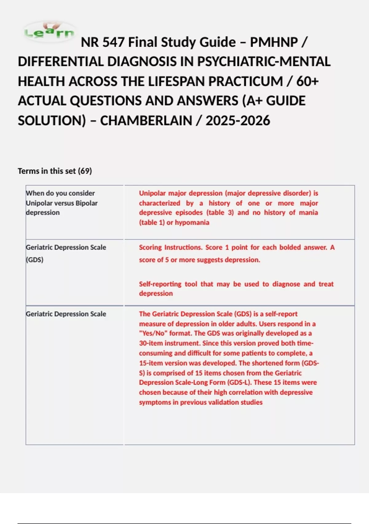 NR 547 Final Study Guide – PMHNP / DIFFERENTIAL DIAGNOSIS IN ...