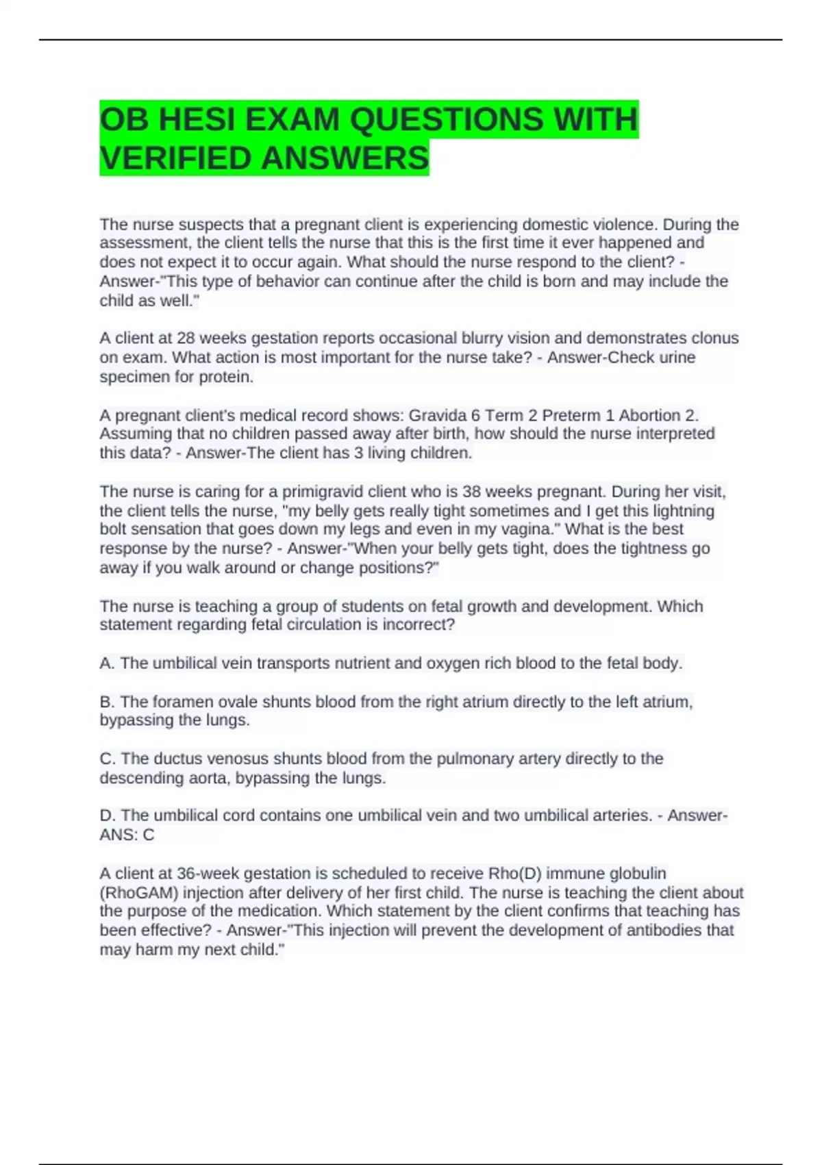 OB HESI EXAM QUESTIONS WITH CORRECT ANSWERS 2025 - OB HESI - Stuvia US