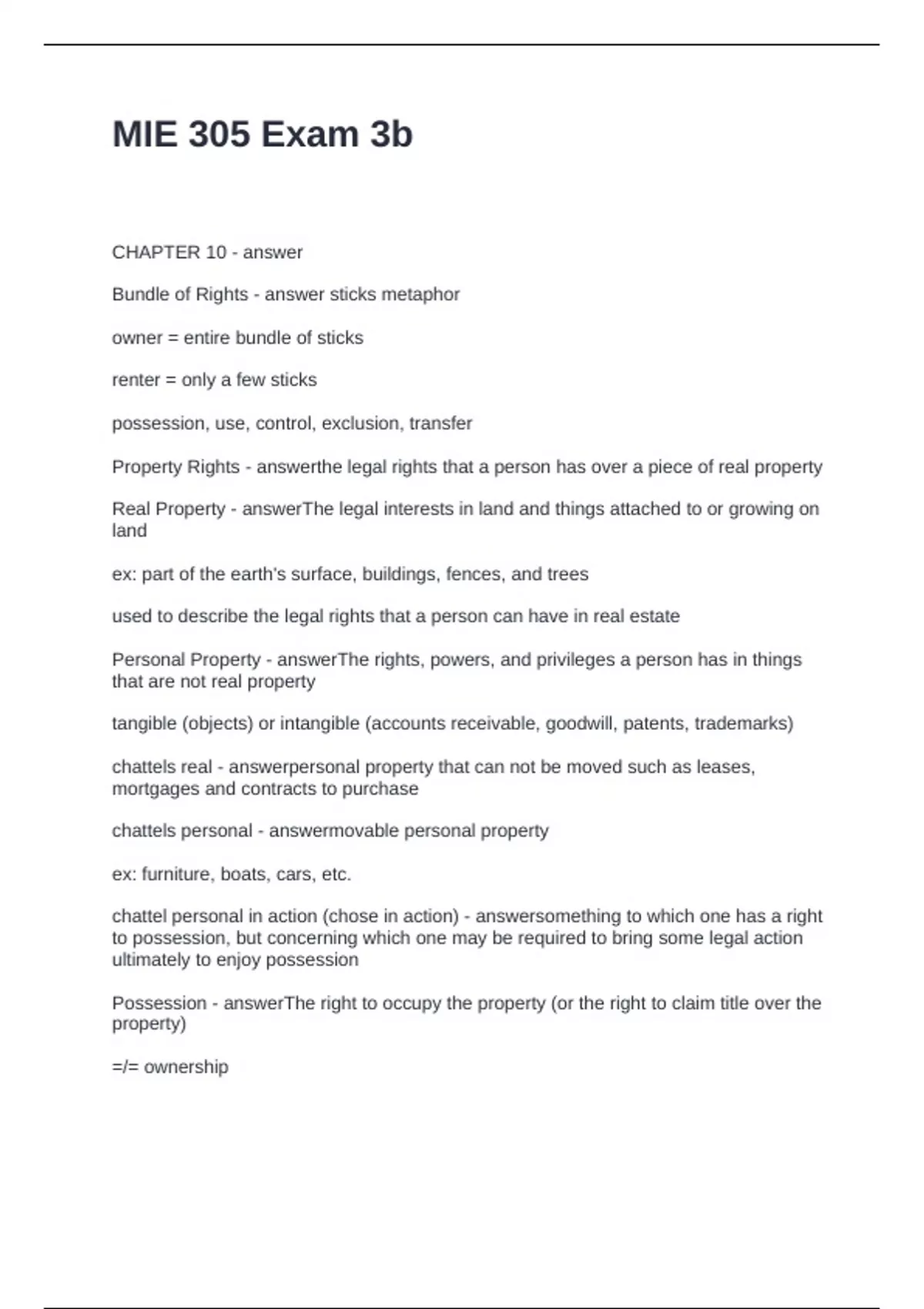 MIE 305 Exam 3b Questions with Correct Answers - MIE 305 NCSU - Stuvia US