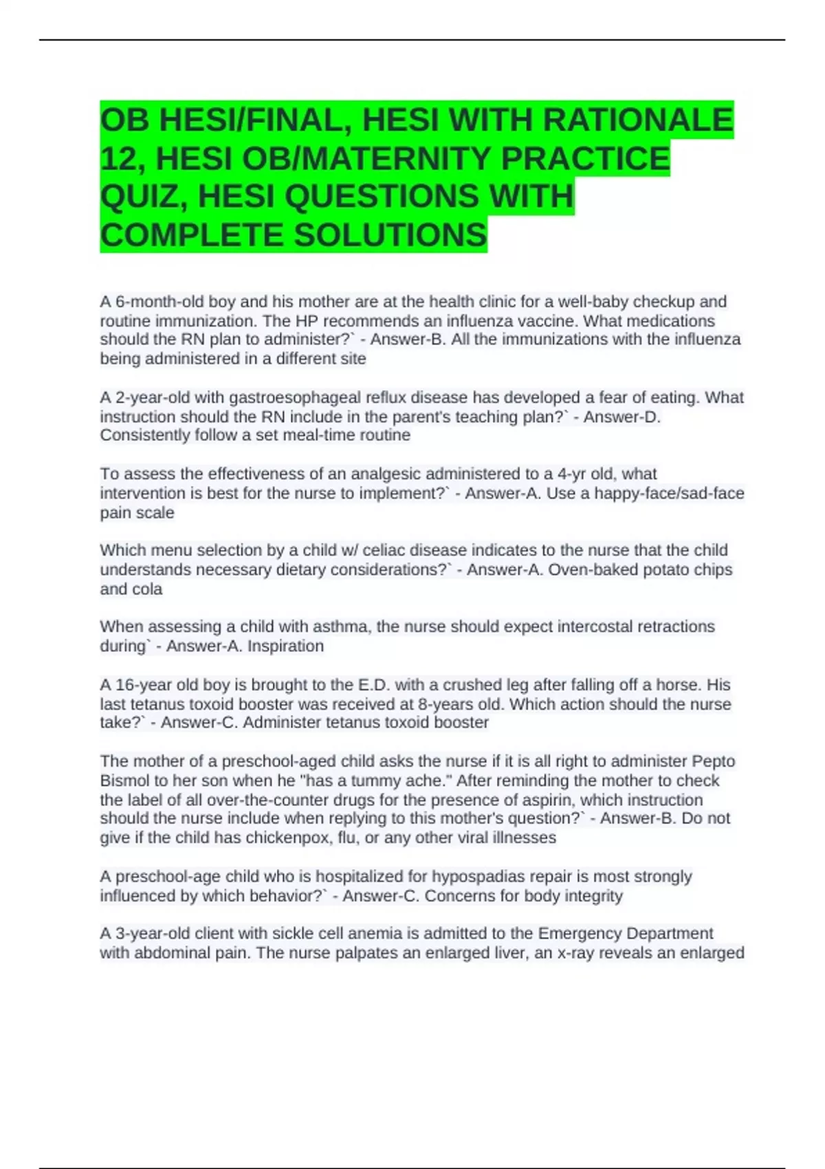 OB HESI/FINAL, HESI WITH RATIONALE 12, HESI OB/MATERNITY PRACTICE QUIZ, HESI QUESTIONS WITH ...