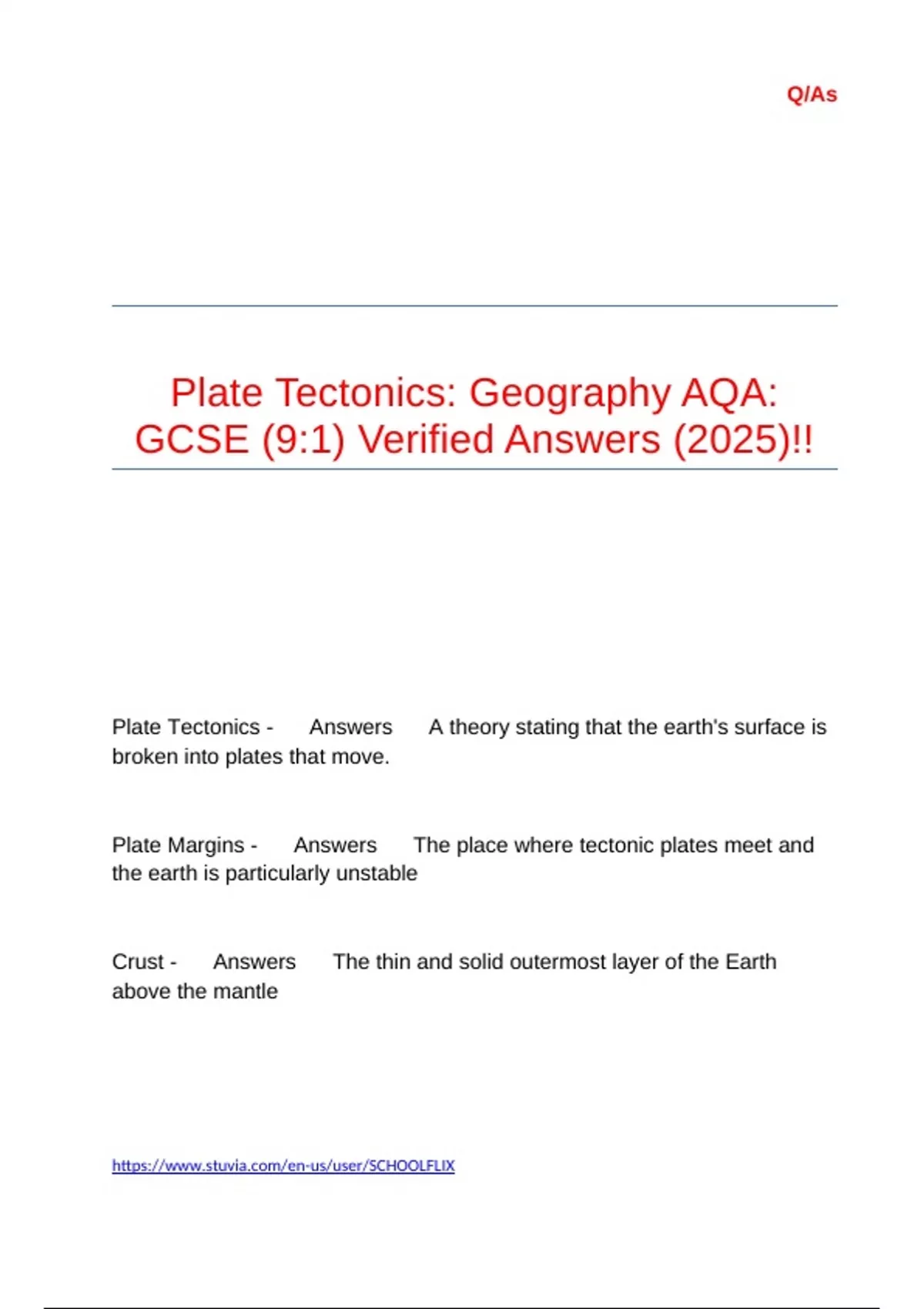 Plate Tectonics Geography AQA GCSE (9-1) Verified Answers (2025 ...
