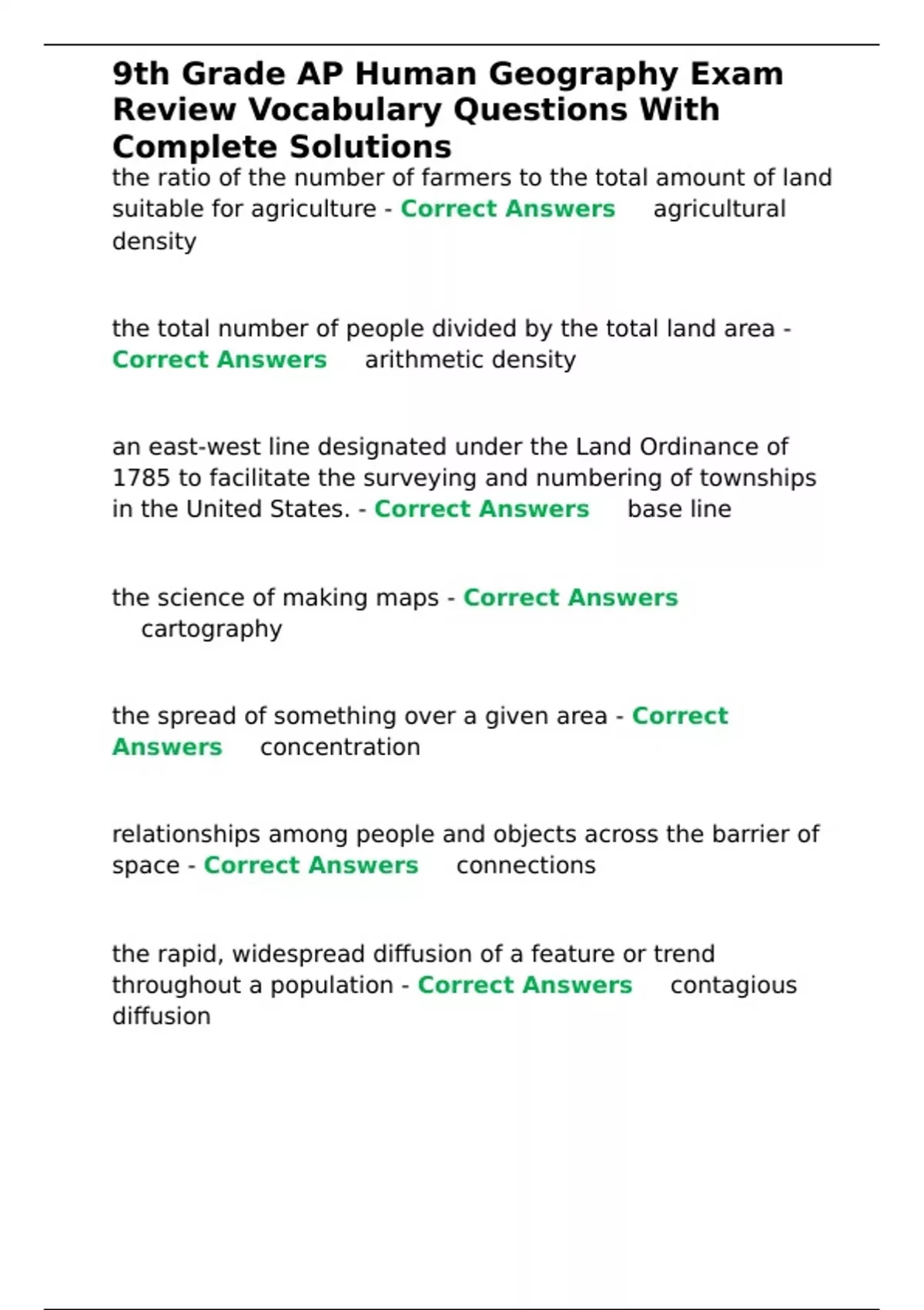 9th Grade AP Human Geography Exam Review Vocabulary Questions With ...