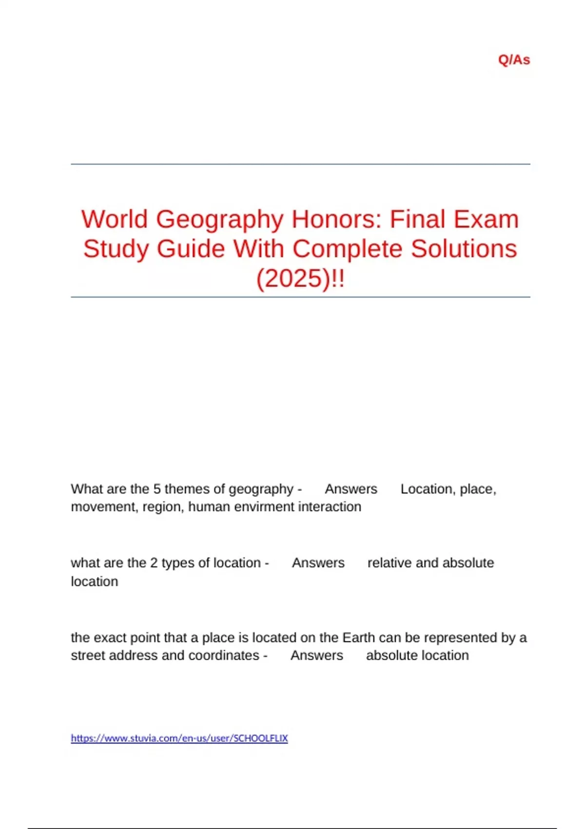 World Geography Honors Final Exam Study Guide With Complete Solutions ...