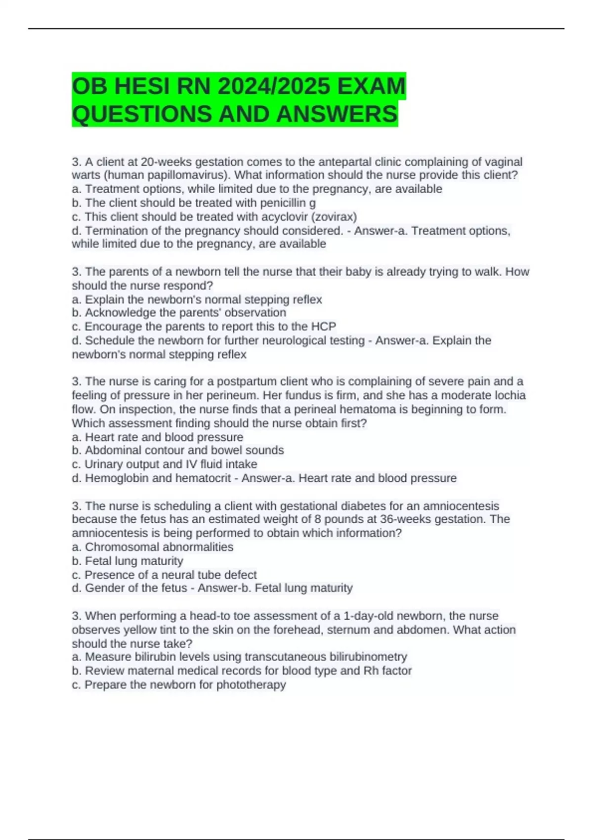 OB HESI RN 2024/2025 EXAM QUESTIONS AND ANSWERS - OB HESI - Stuvia US