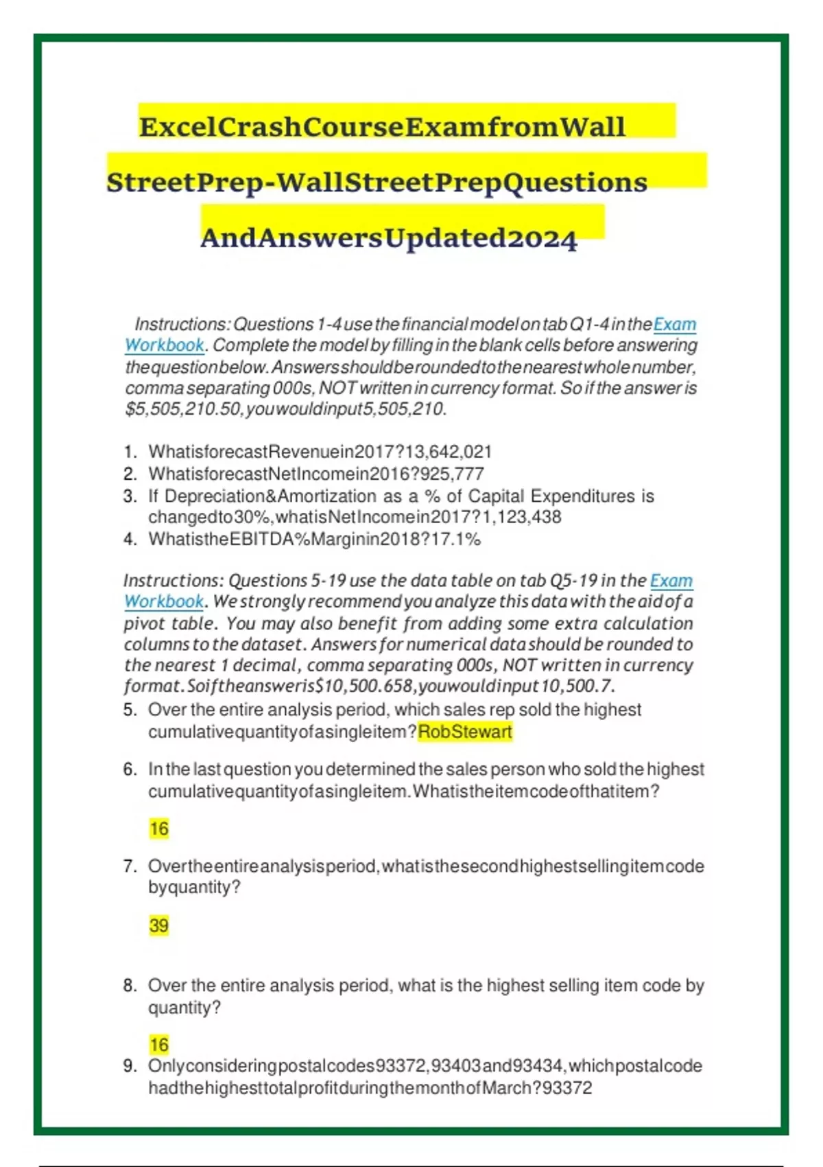 100% A+ ANSWER SHEET - WALL STREET PREP EXCEL CRASH COURSE RETAKE EXAM ...