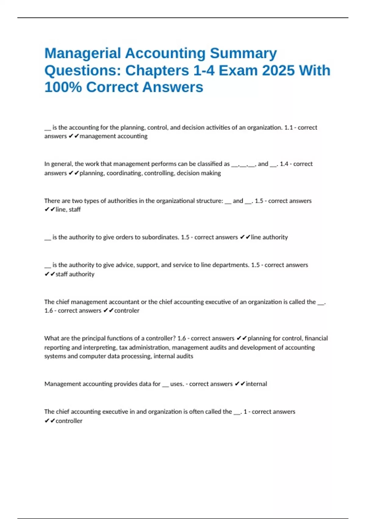 Managerial Accounting Summary Questions: Chapters 1-4 Exam 2025 With ...
