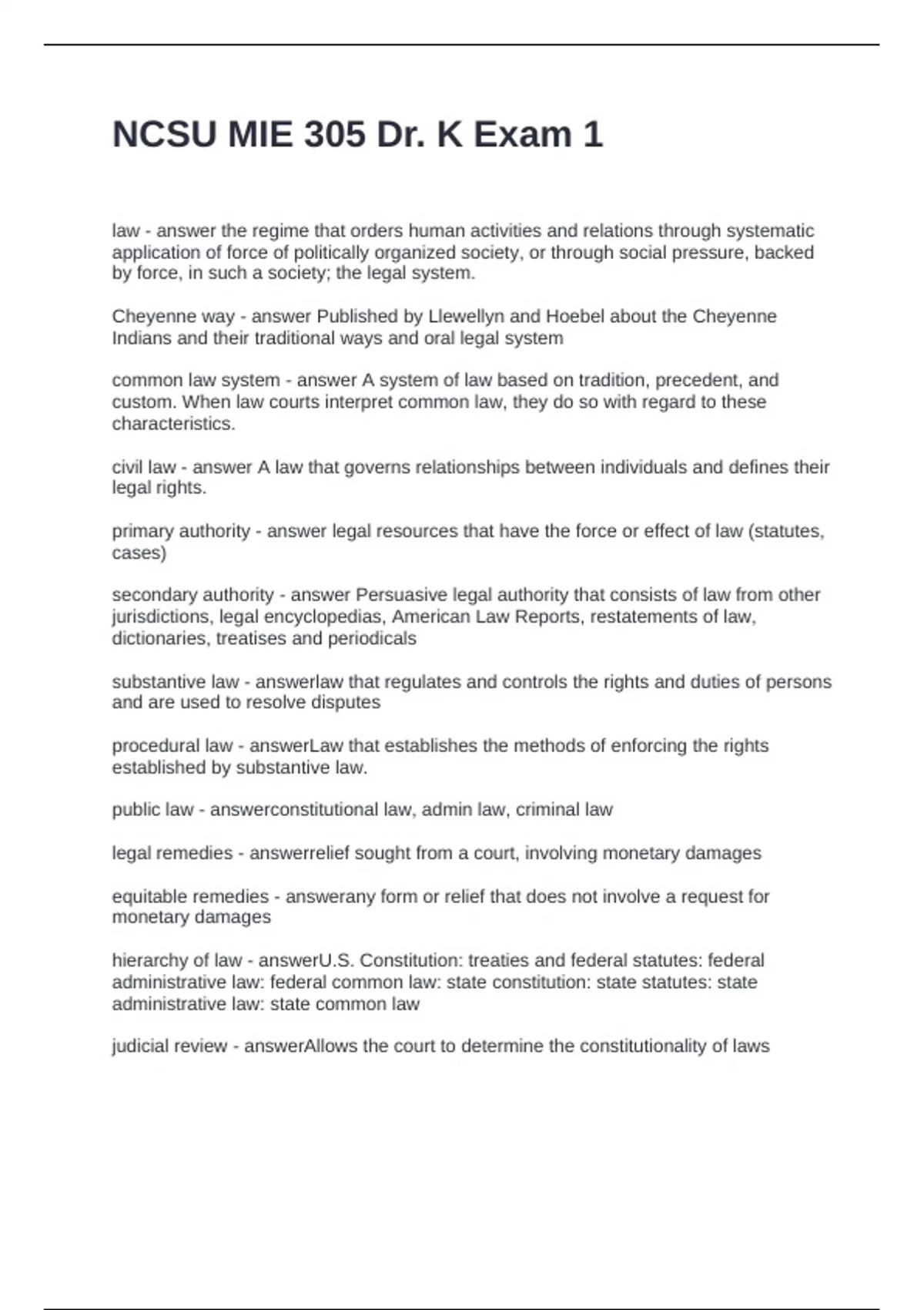 NCSU MIE 305 Dr. K Exam 1 Questions and Answers 100% Correct - MIE 305 ...