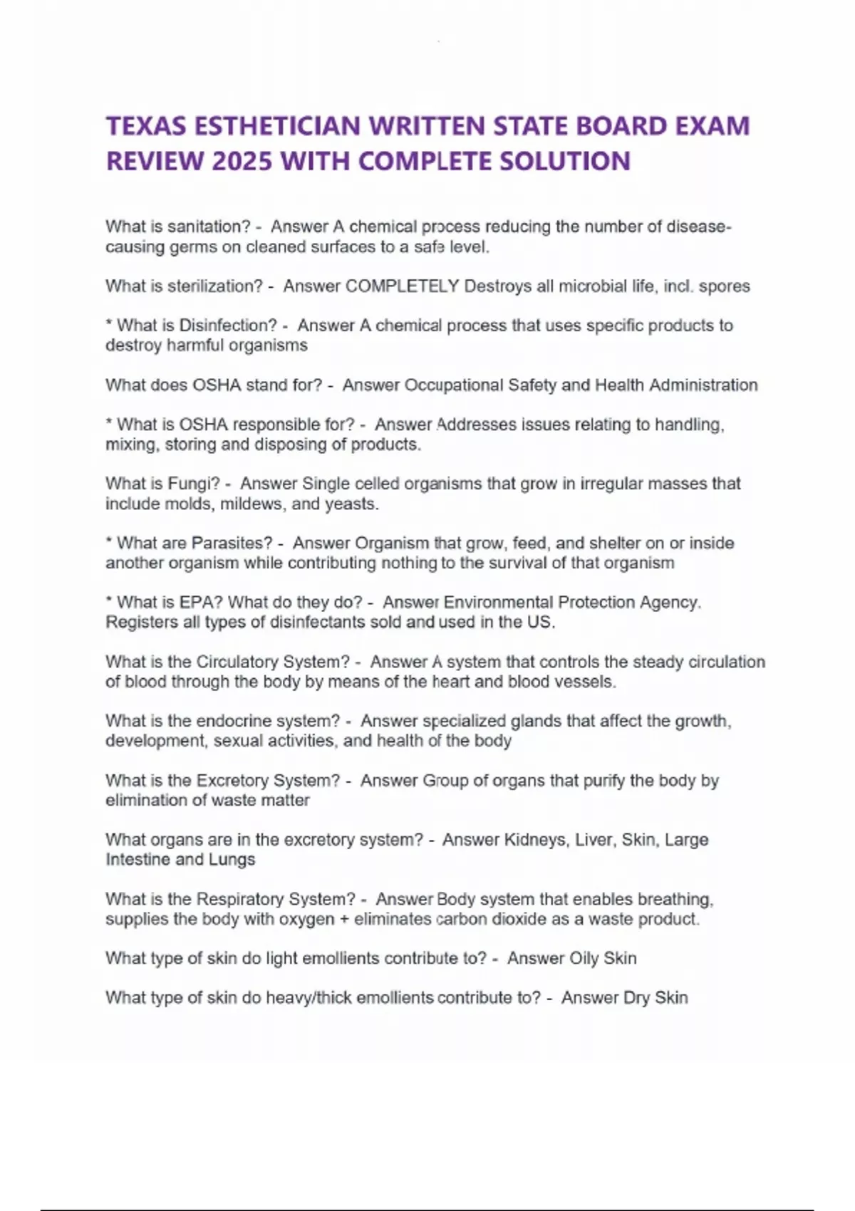 TEXAS ESTHETICIAN WRITTEN STATE BOARD EXAM REVIEW 2025 WITH COMPLETE ...