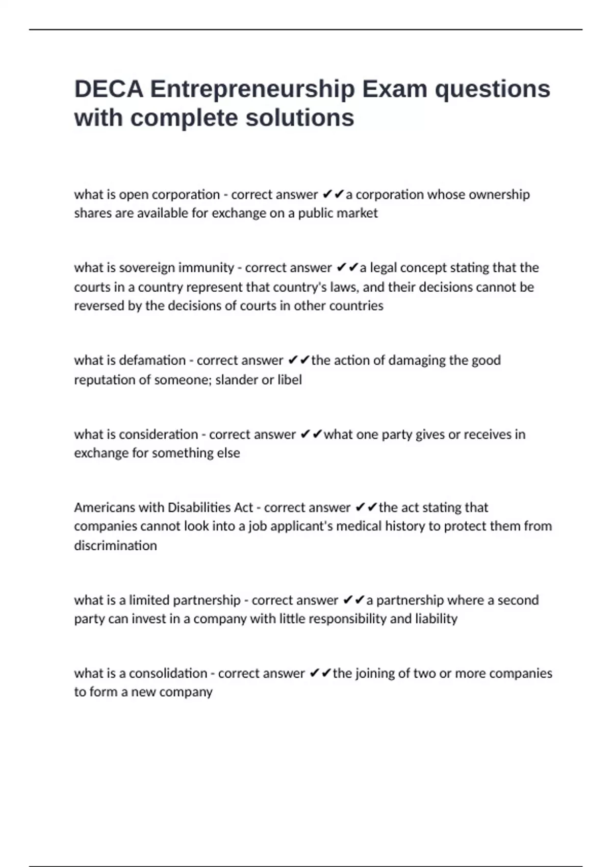 DECA Entrepreneurship Exam questions with complete solutions - DECA ...