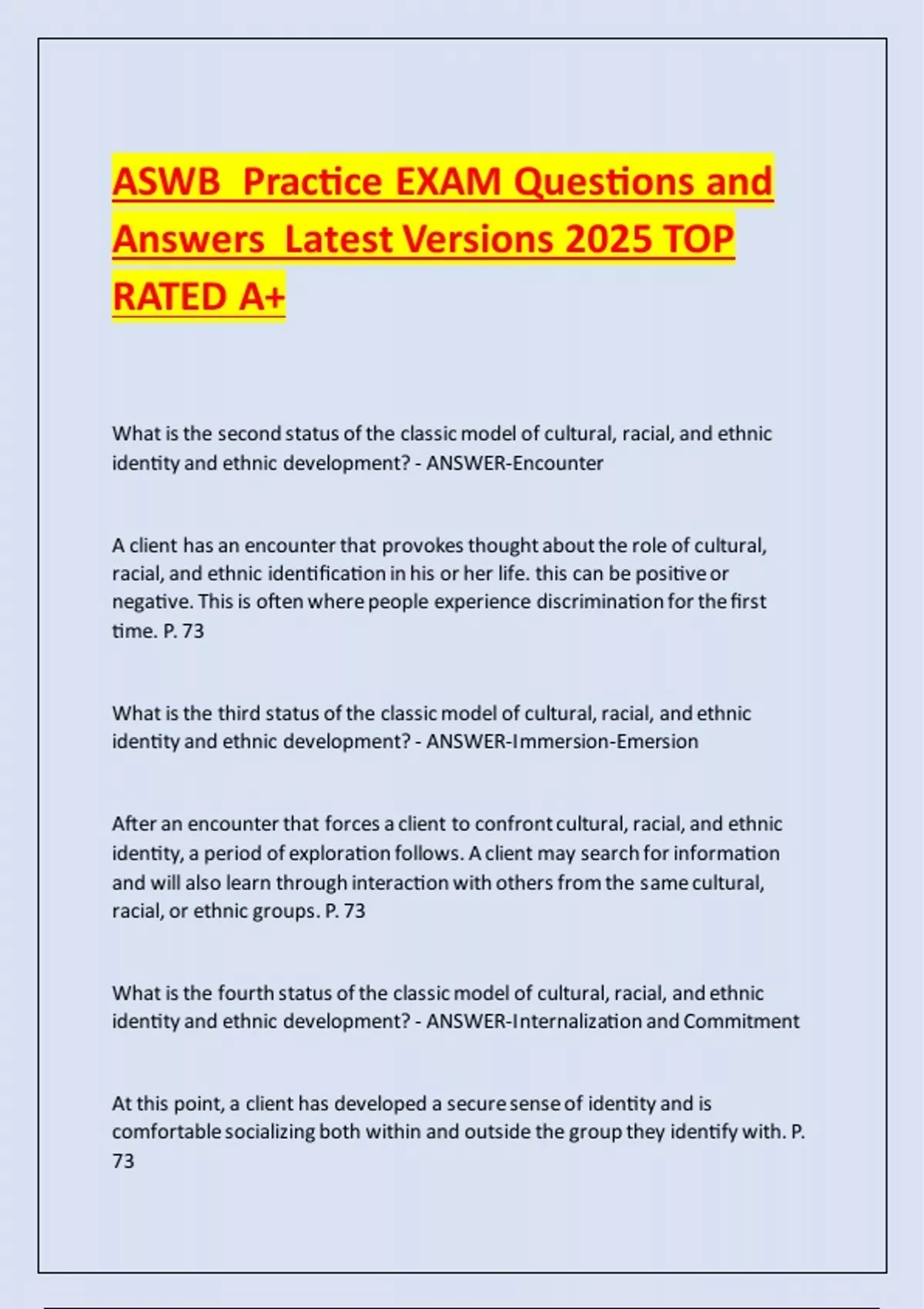 ASWB Practice EXAM Questions and Answers Latest Versions 2025 TOP RATED ...