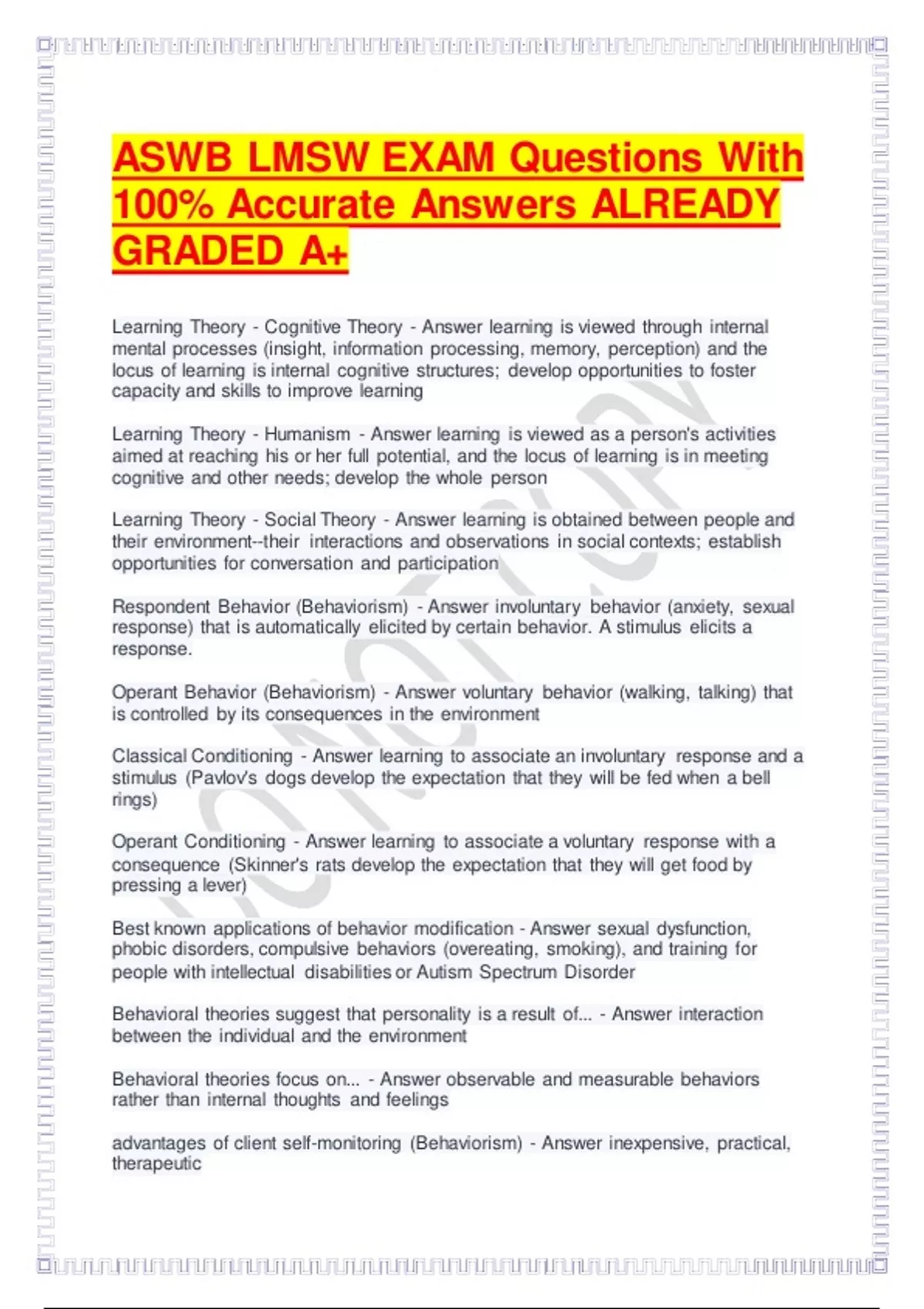 ASWB LMSW EXAM Questions With 100- Accurate Answers ALREADY GRADED A+ ...