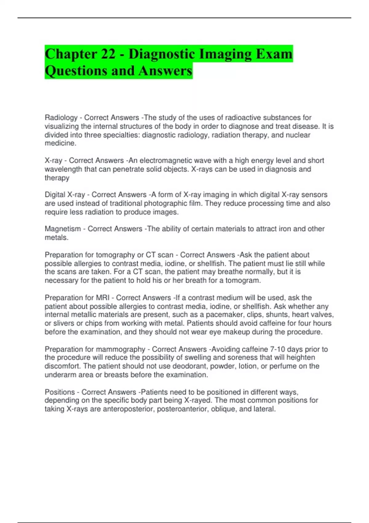 Chapter 22 - Diagnostic Imaging Exam Questions and Answers - Diagnostic imaging - Stuvia US