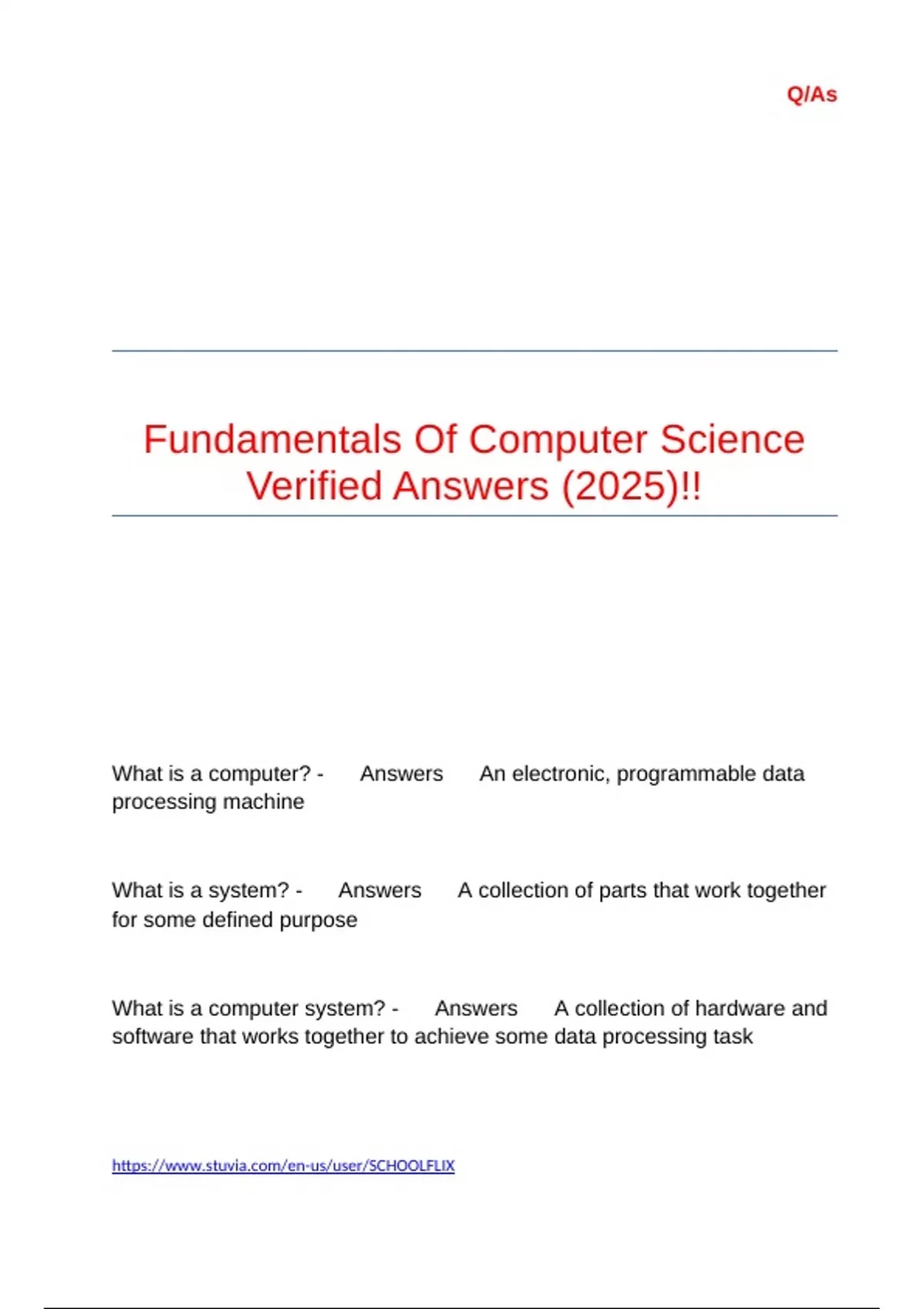 Fundamentals Of Computer Science Verified Answers (2025)!! - Computer science - Stuvia US