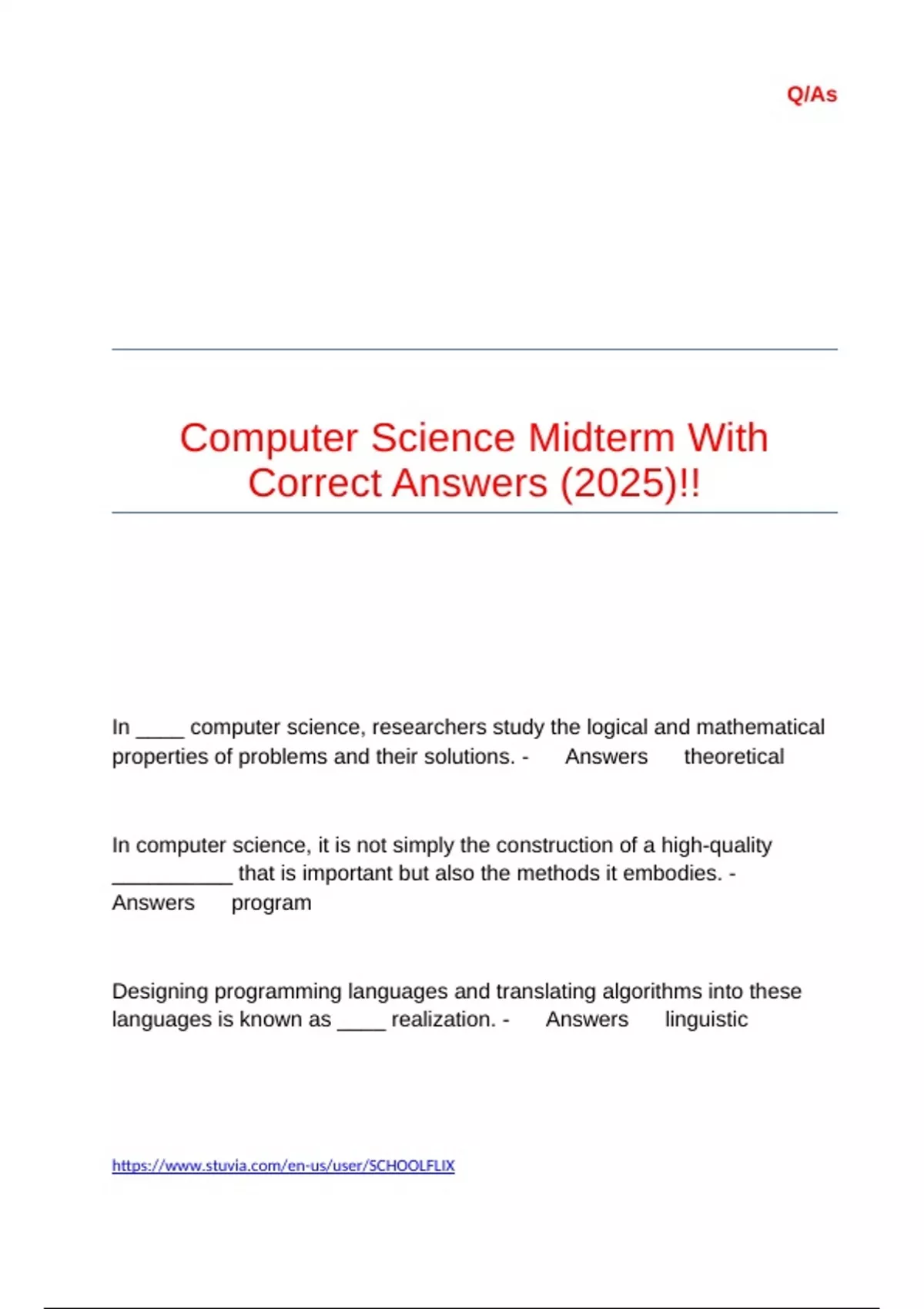 Computer Science Midterm With Correct Answers (2025)!! - Computer ...