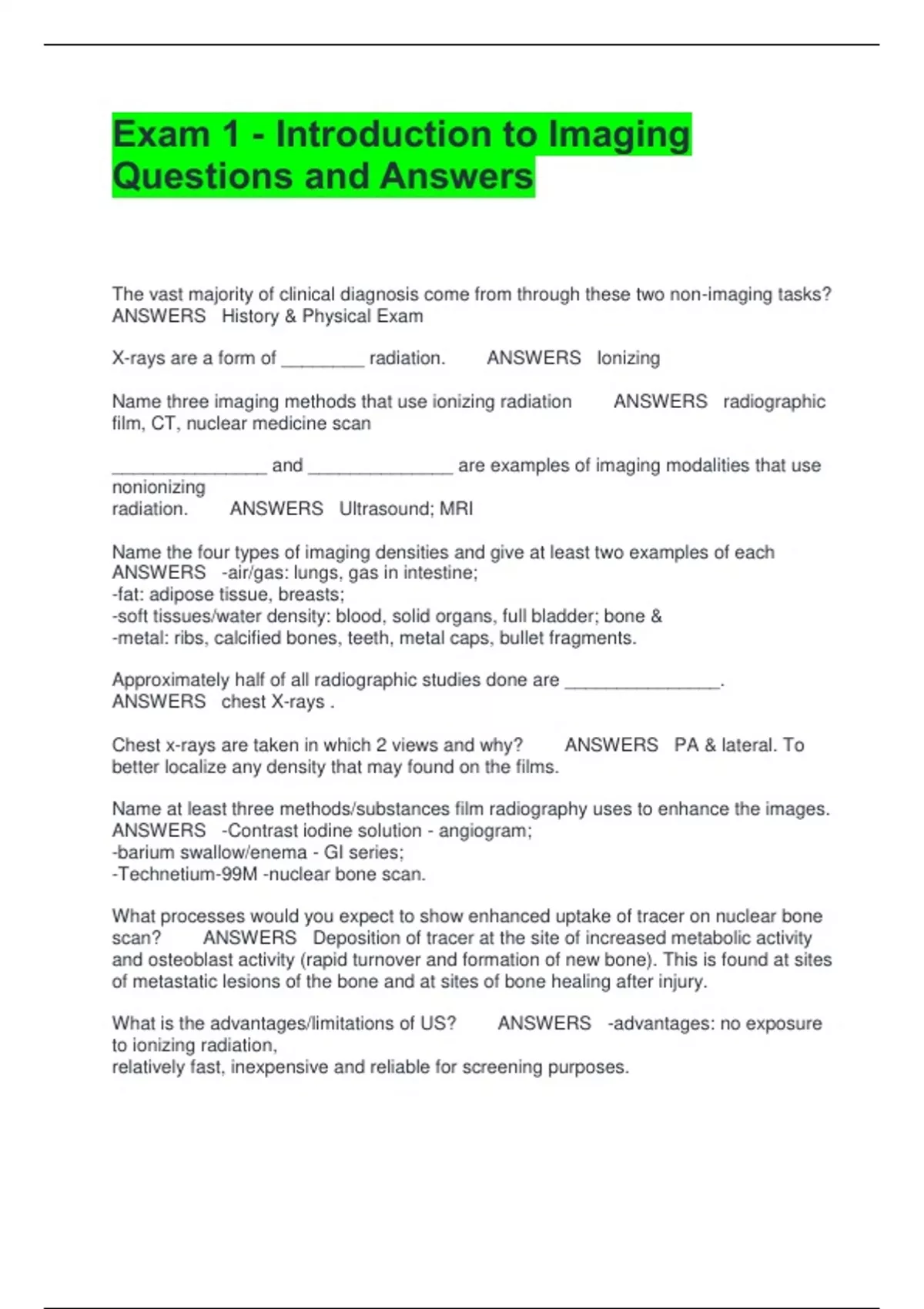 Exam 1 - Introduction to Imaging Questions and Answers - Diagnostic ...