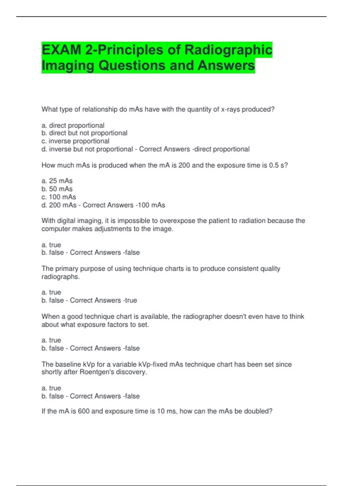 EXAM 2-Principles of Radiographic Imaging Questions and Answers - Diagnostic Imaging - Stuvia US