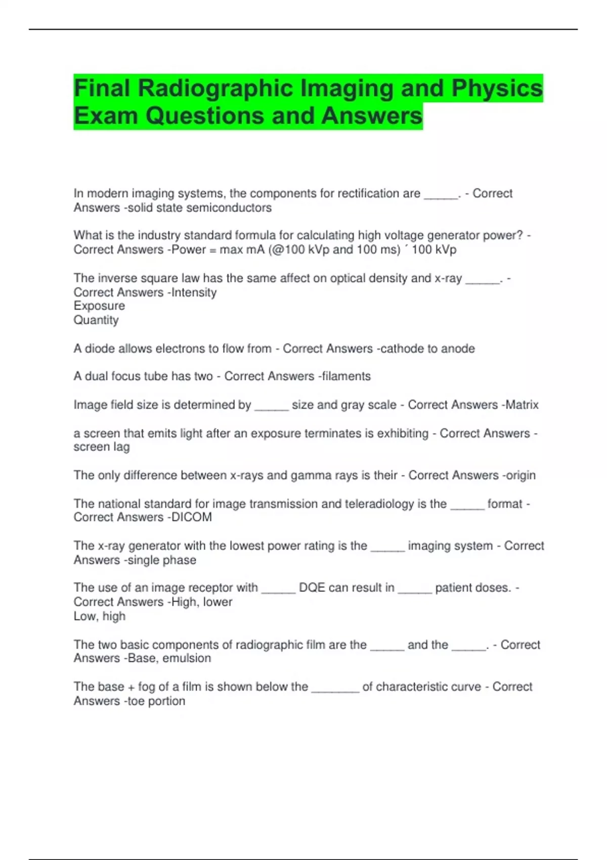 Final Radiographic Imaging and Physics Exam Questions and Answers ...
