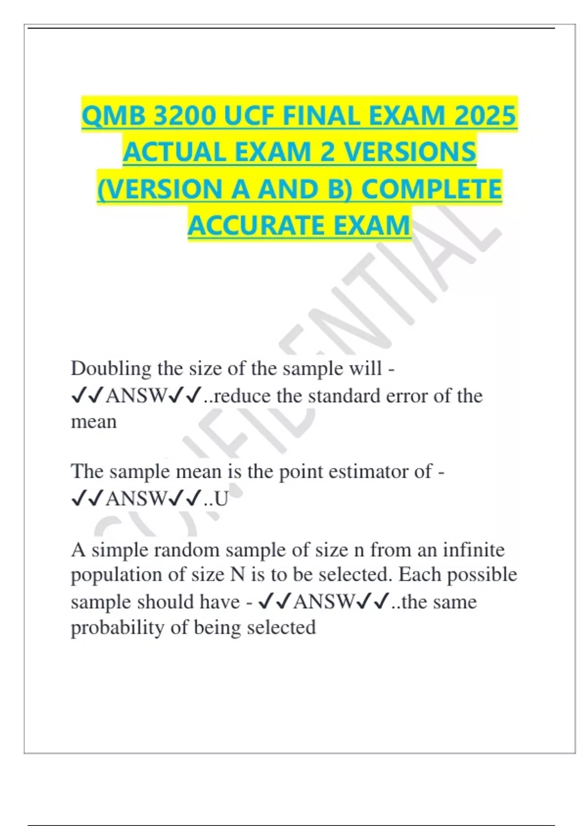 QMB 3200 UCF FINAL EXAM 2025 ACTUAL EXAM 2 VERSIONS (VERSION A AND B ...