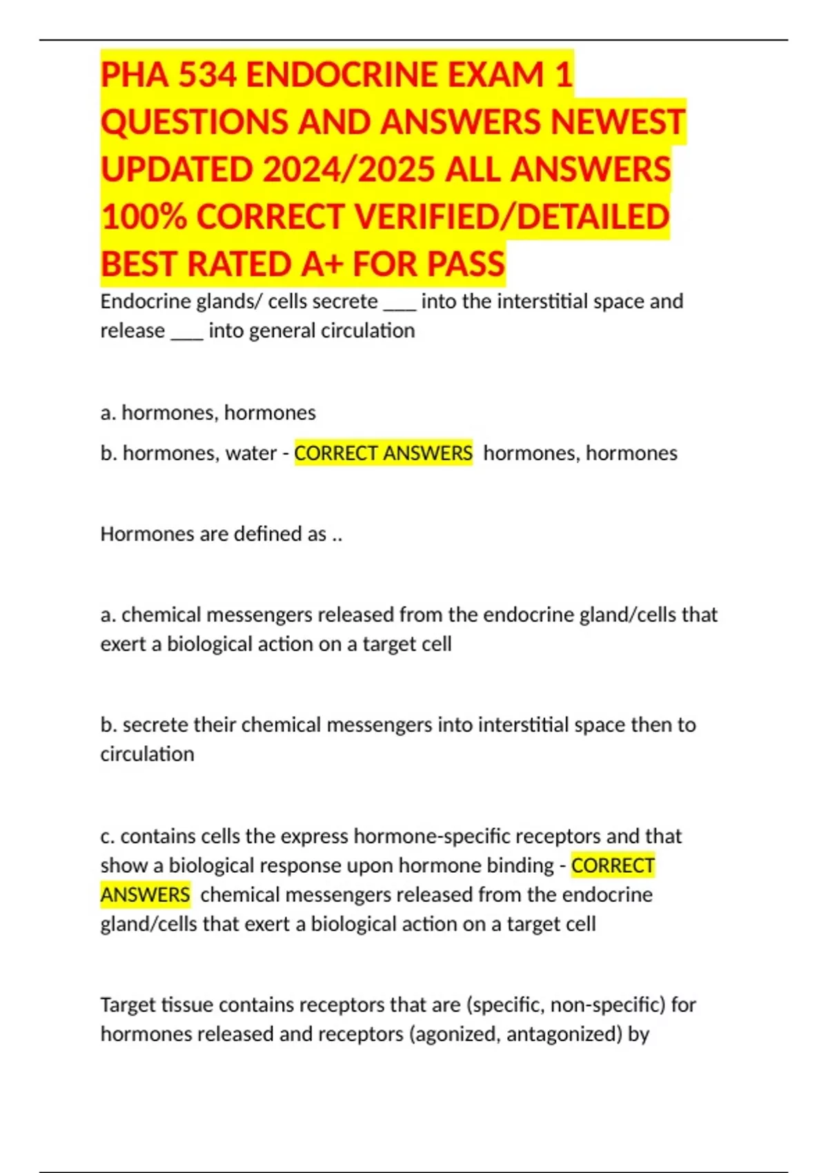 PHA 534 ENDOCRINE EXAM 1 QUESTIONS AND ANSWERS NEWEST UPDATED 2024/2025 ...